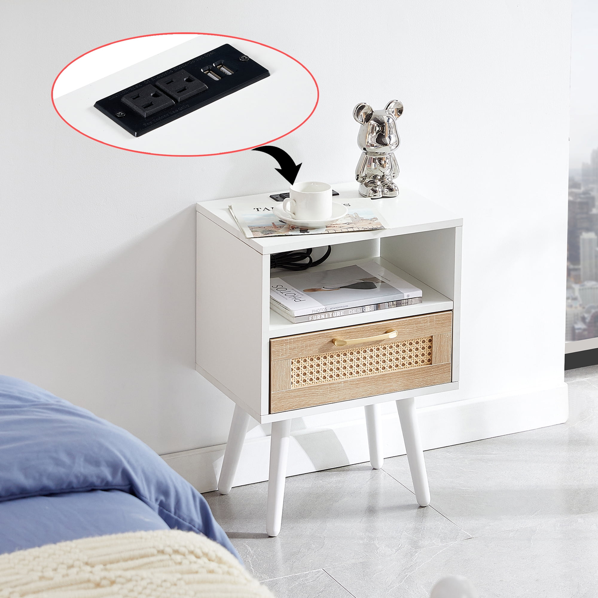 Algherohein Rattan Wood Nightstands 1 Drawer with Socket USB for ...