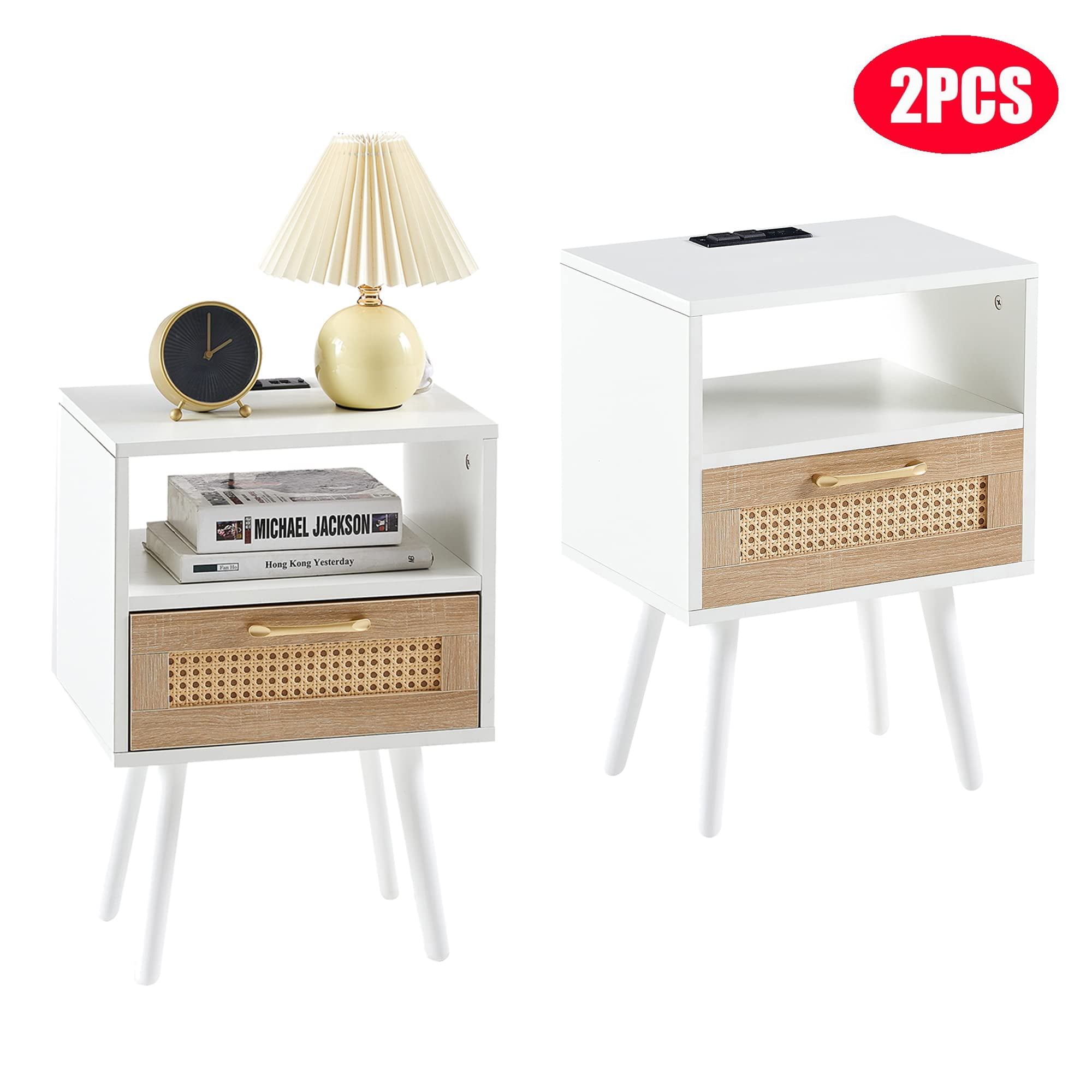 Algherohein Set of 2 Rattan White Finish Wood Nightstands 1 Drawer with ...