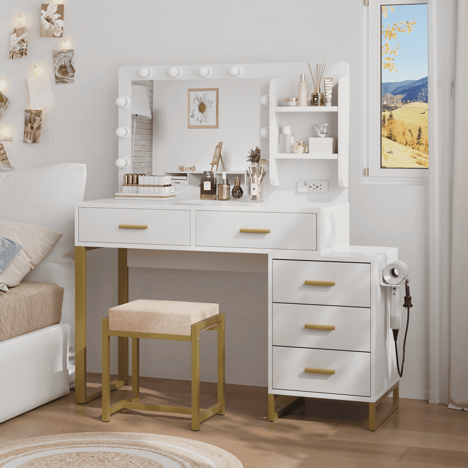 Algherohein Vanity Set with Mirror and Charging Station,Modern Makeup ...
