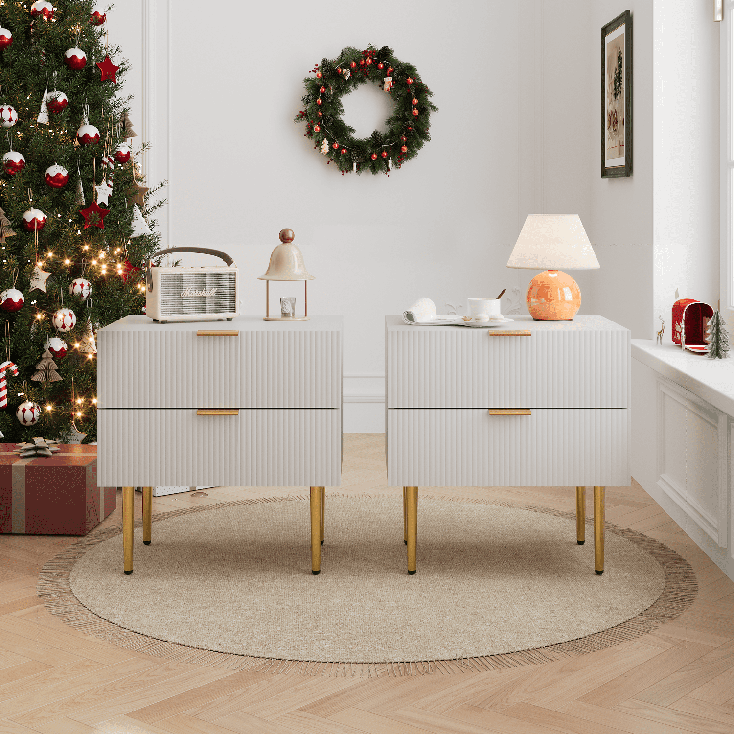 Algherohein White Nightstand for Bedroom Set of 2 with Wave Pattern,2 ...