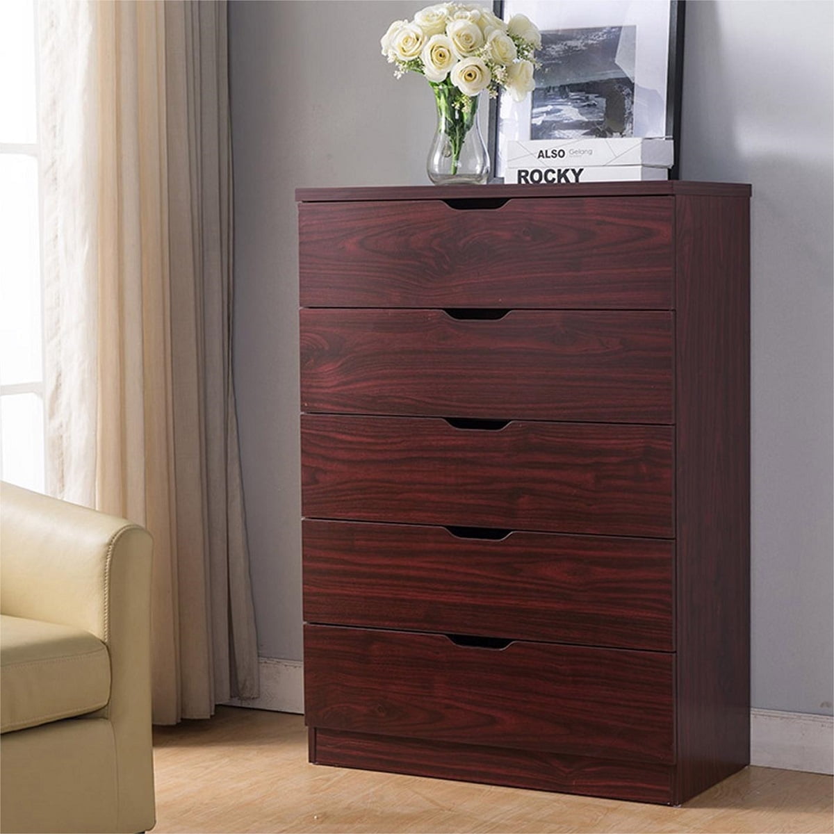 Algherohein Wood Mahogany Tall Brown Dresser with 5 Drawer for Bedroom ...