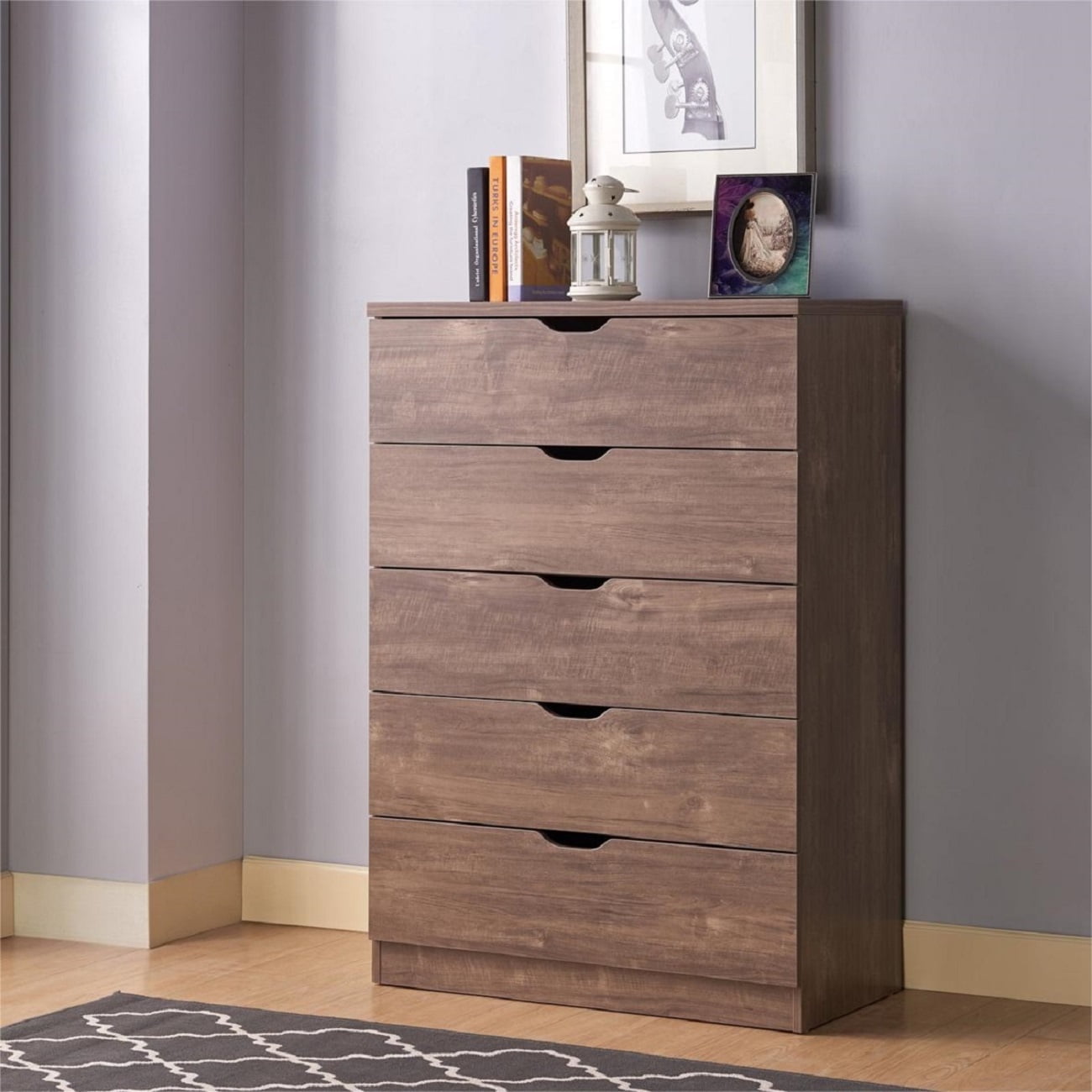 Algherohein Built Wooden Tall Brown Dresser with 5 Drawers for Bedroom ...