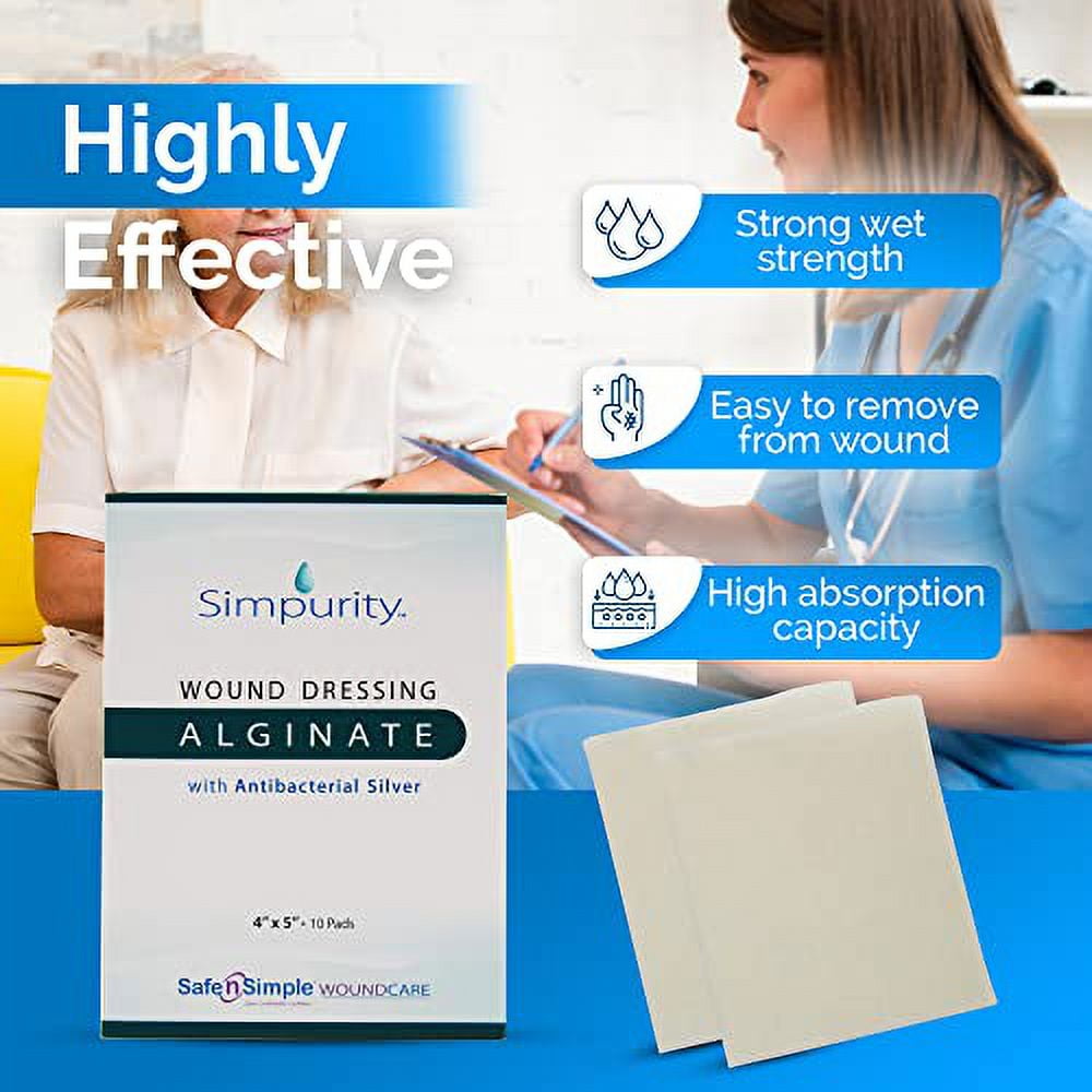 Alginate Wound Dressing First Aid with Antimicrobial Silver, 4" x 5", Box of 10 - Calcium ...