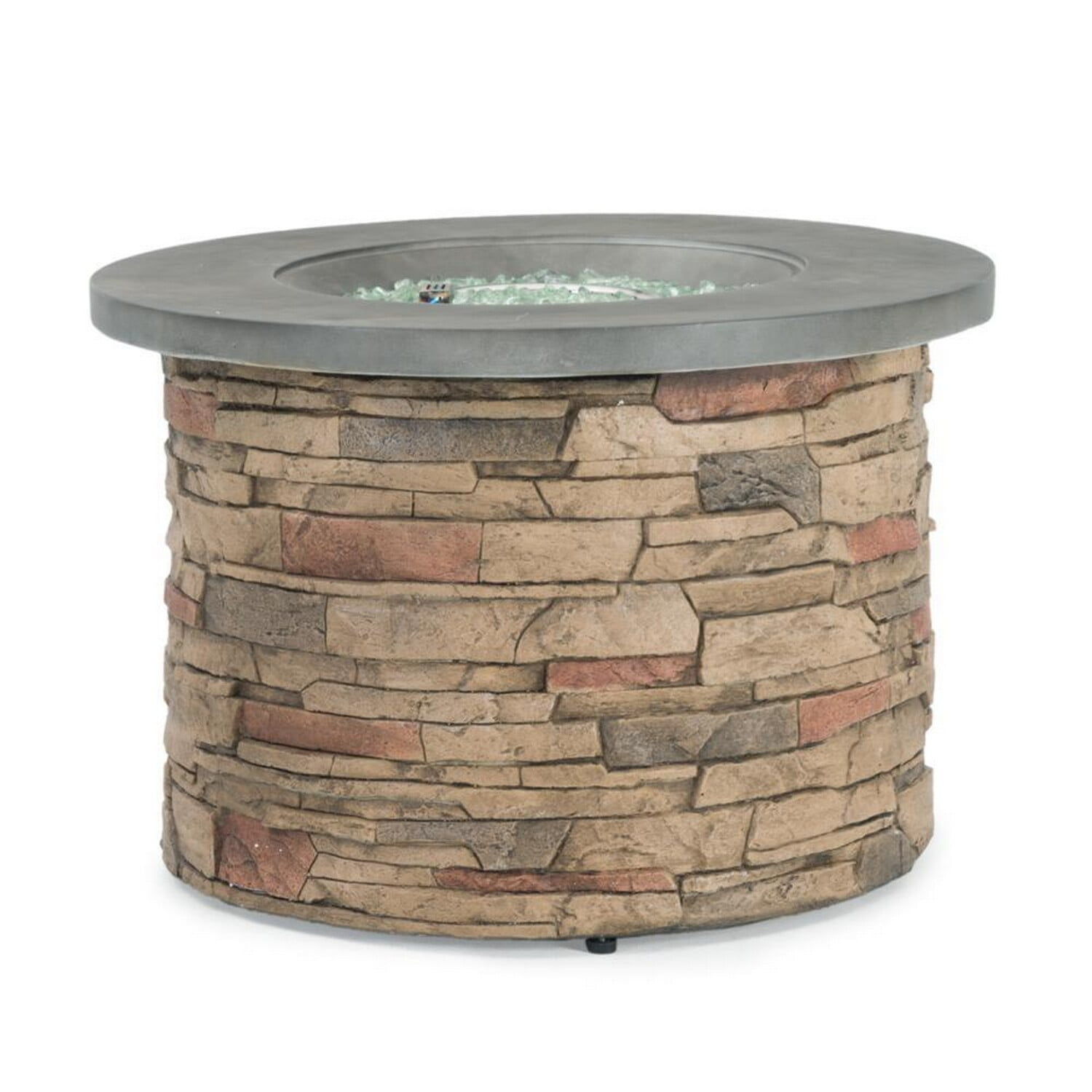 Ali 35 Inch Fire Table, Glass Rocks, Rounded Stone Surface, Gray, Brown ...