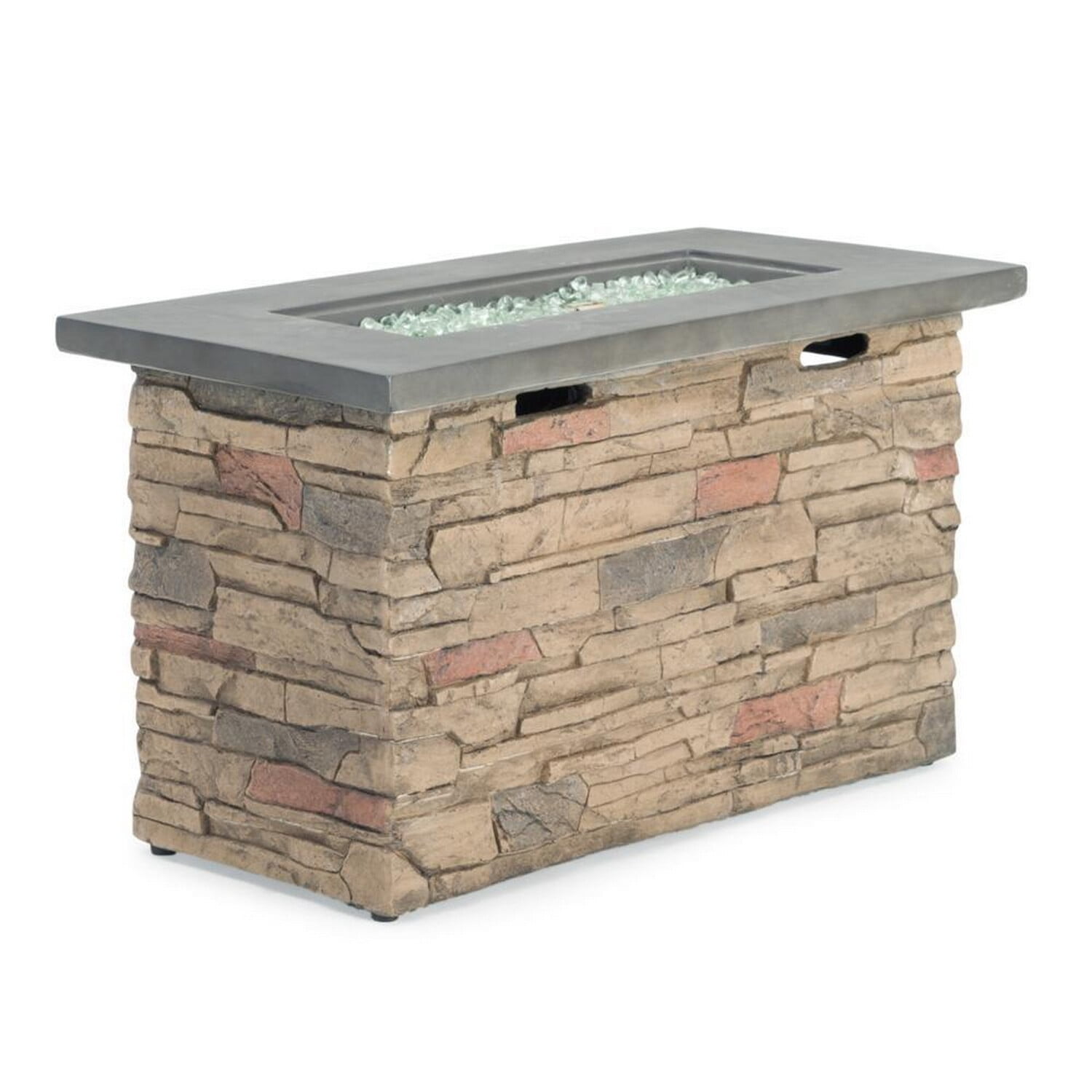 Ali 42 Inch Fire Table, Glass Rocks, Rectangular Stone Surface, Gray ...