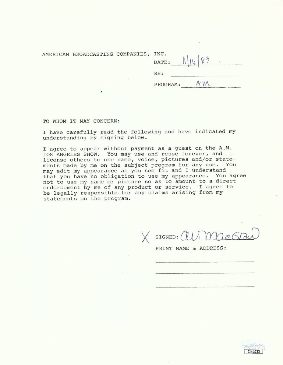 Ali MacGraw Signed Autographed ABC Contract Love Story 1983 JSA JJ41023 ...