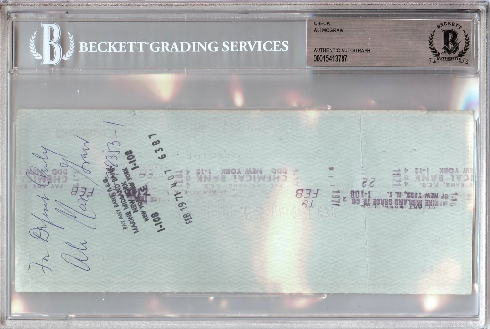 Ali McGraw Signed Autographed Bank Check Love Story Actress Beckett BAS ...