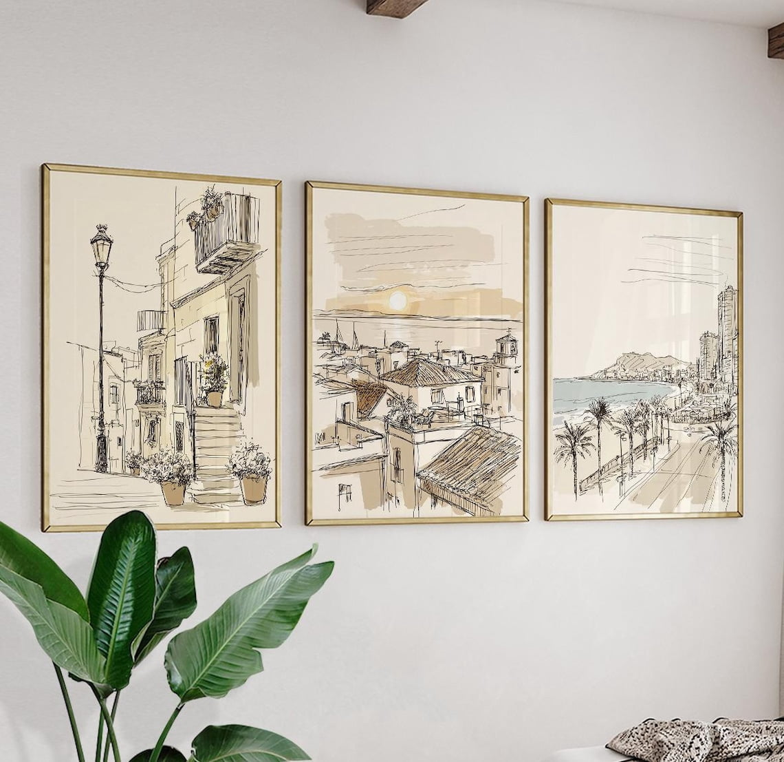 Alicante Spain Coastal Beach Modern Line Drawing Wall Art Set 3 ...