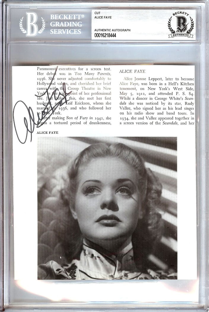 Alice Faye Signed Autograph Cut Signature Scandals Acrress BAS Encased ...