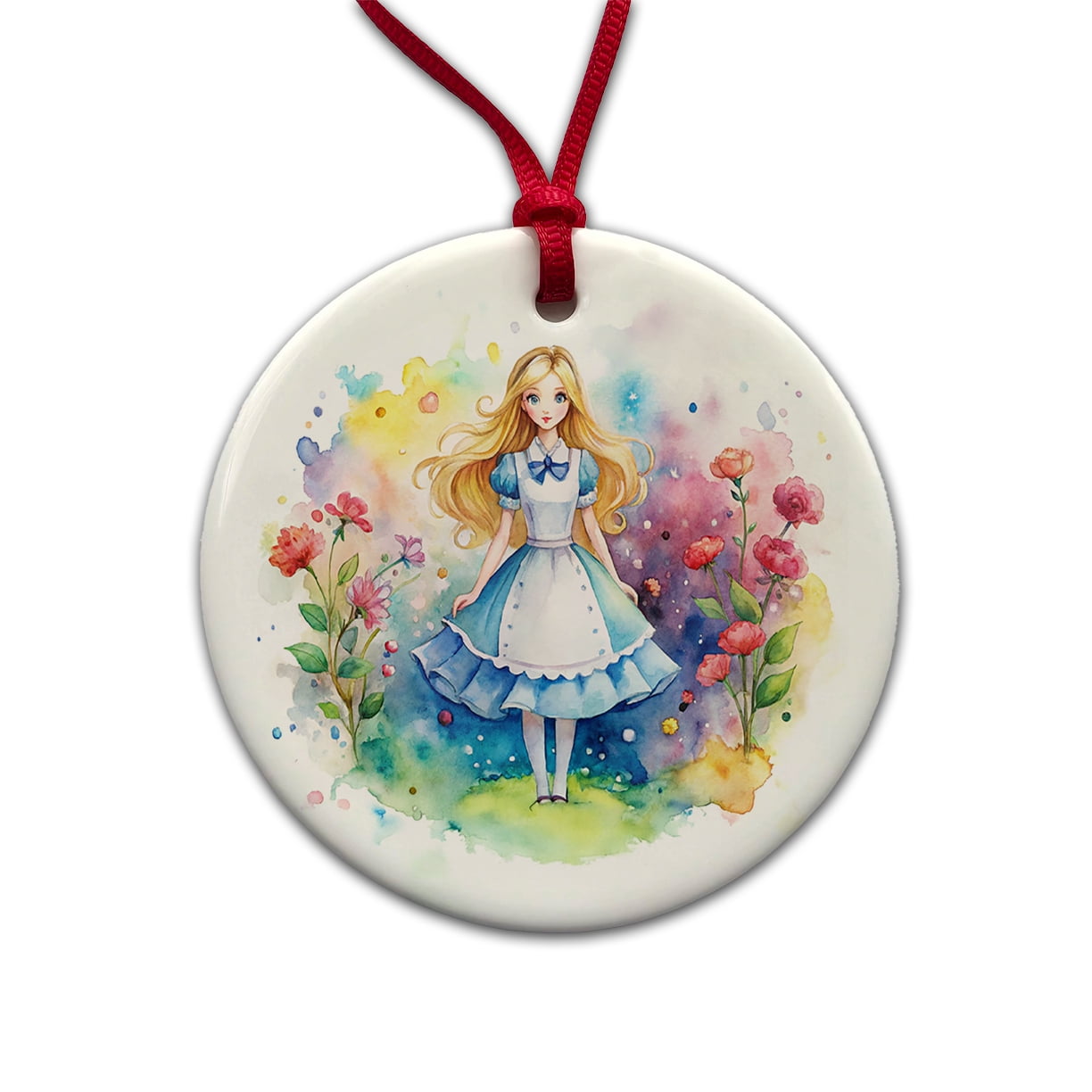 Alice In Wonderland Watercolor Christmas Tree Holiday Round Ceramic ...