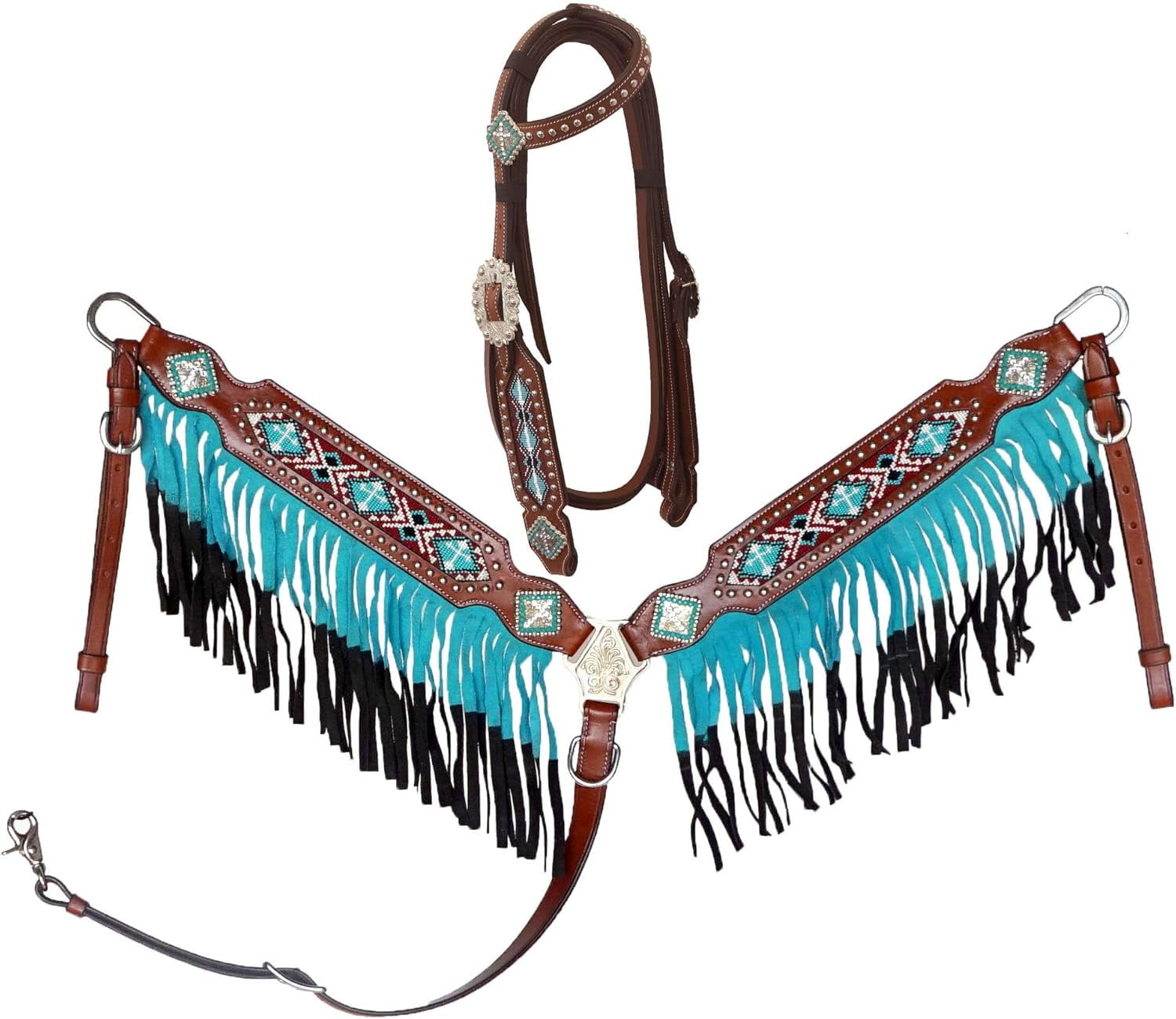 Alice International Western Leather Equestrian Set - Full-Size Headstall, Breast Collar, Reins ...