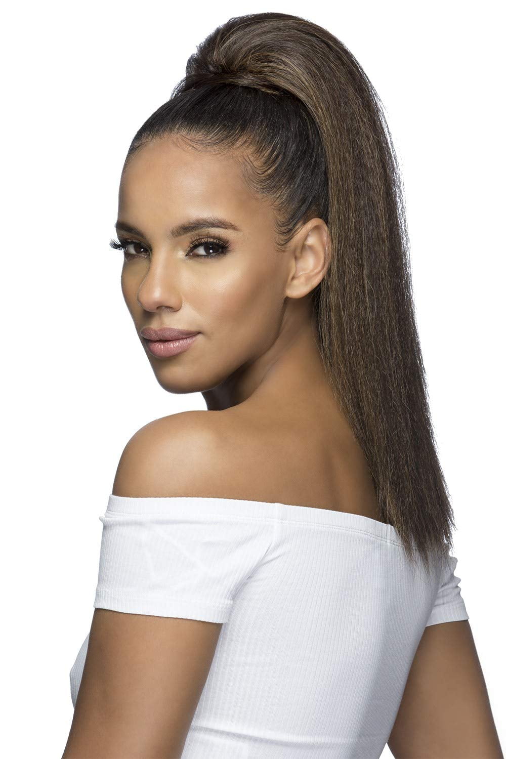 Alice Pocket Bun Ponytail Color 4 - Vivica Fox Wigs 19" Length Layered Straightened Yaki Texture ...