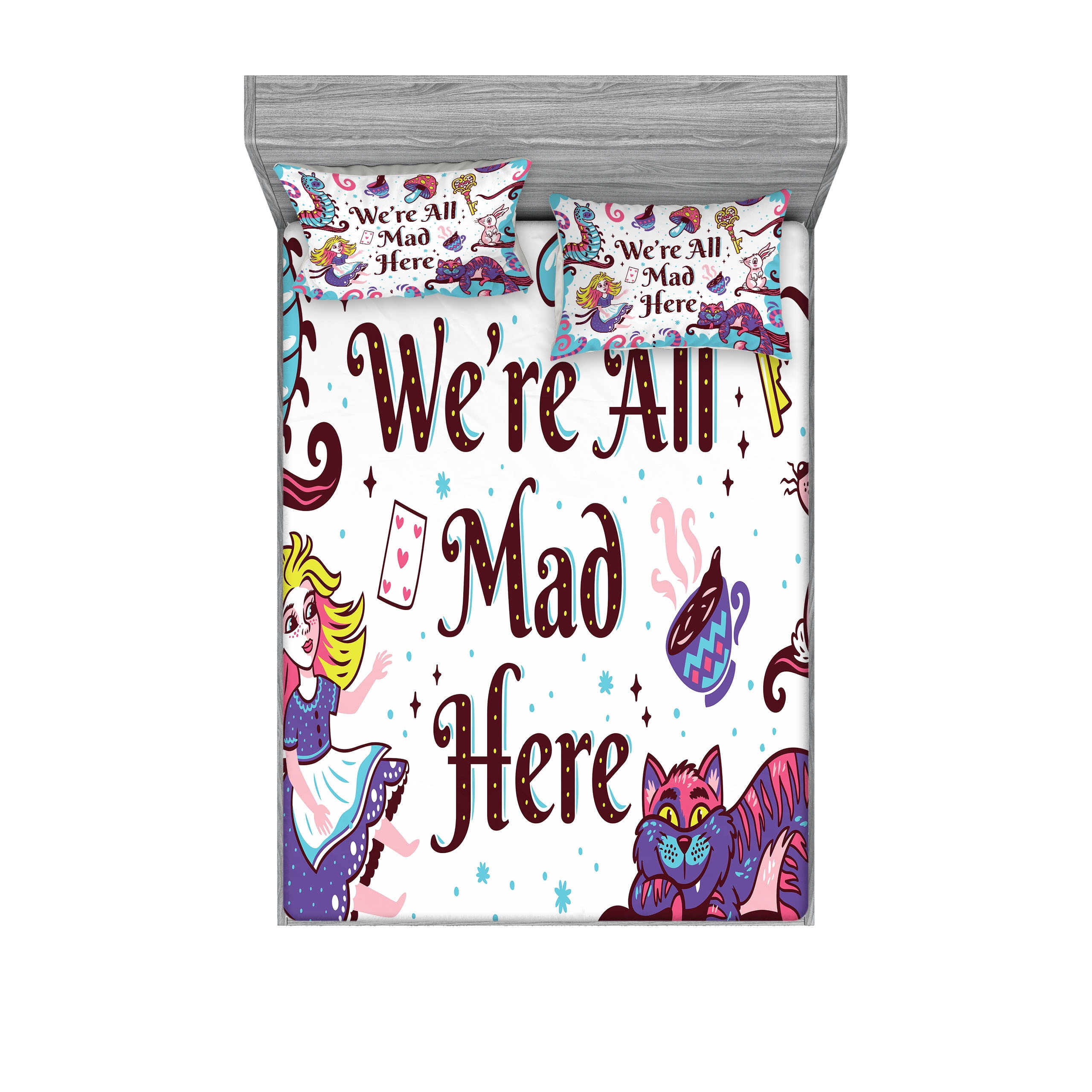 Alice in Wonderland Fitted Sheet & Pillow Sham Set, We Are All Mad Here ...