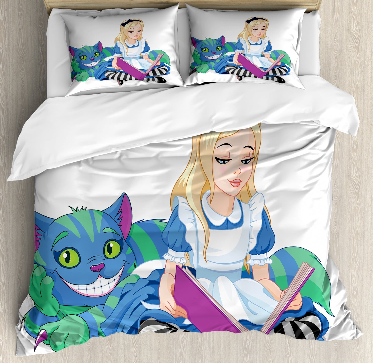 Alice in Wonderland Queen Size Duvet Cover Set, Alice Reading Book Cat ...