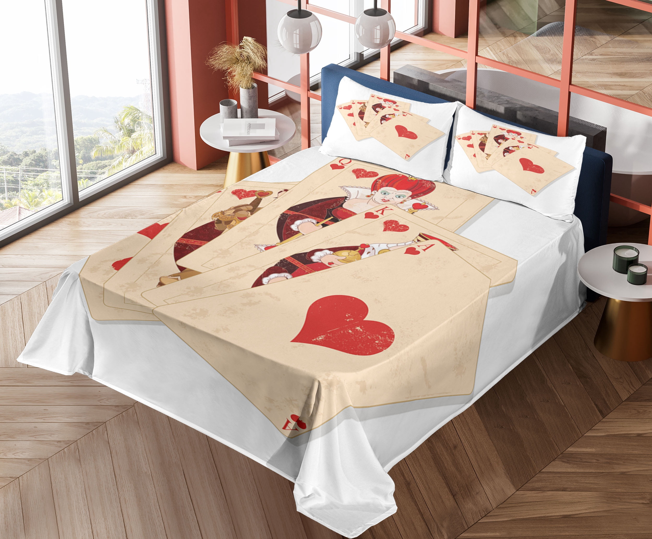 Ambesonne Cartoon Fitted & Top Sheet Set with Shams, Gambler Queen ...