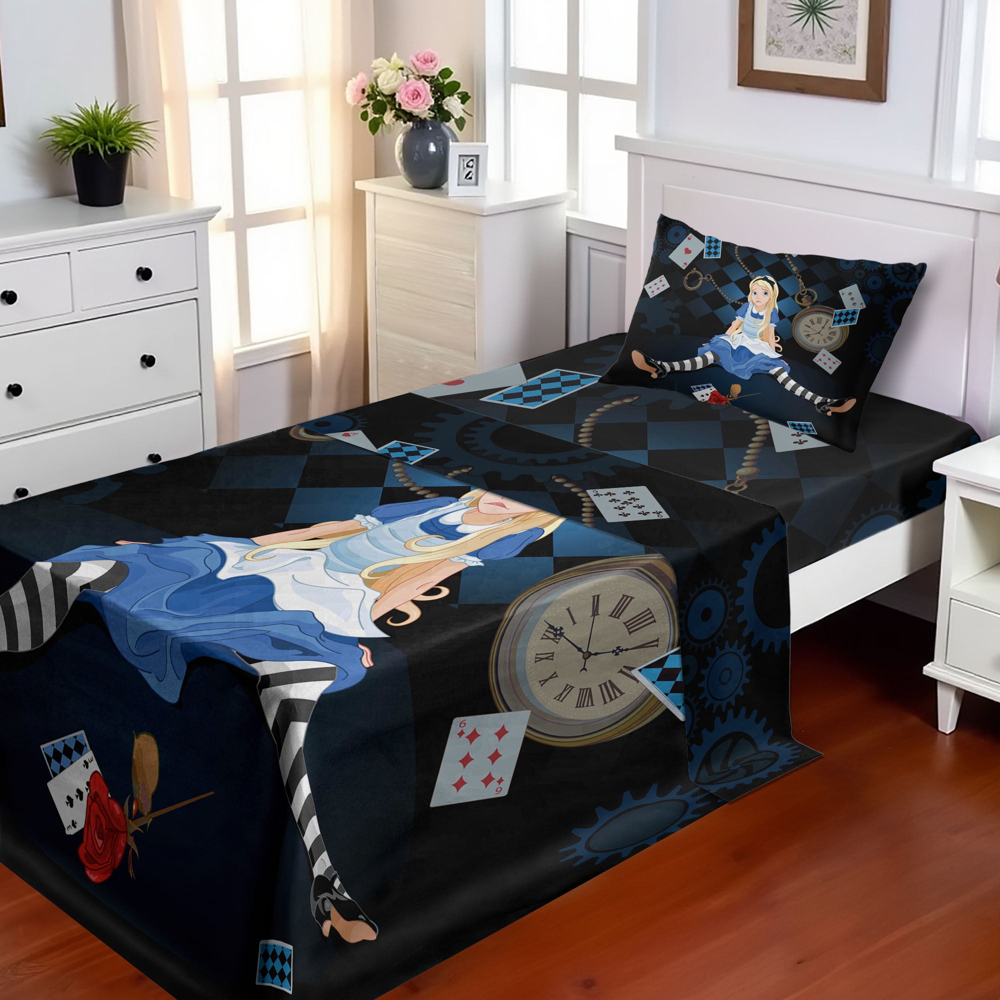 Alice in Wonderland Sheet Set, Grown Giant Girl Sitting Flying Cards ...