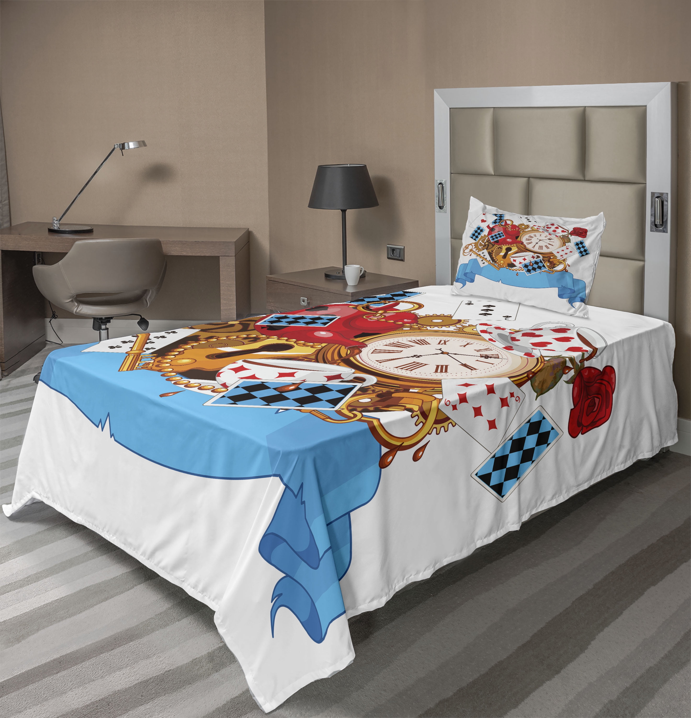 Alice in Wonderland Sheet Set, Mad Design of Cards Clocks Tea Pots Keys Flowers Fantasy World ...