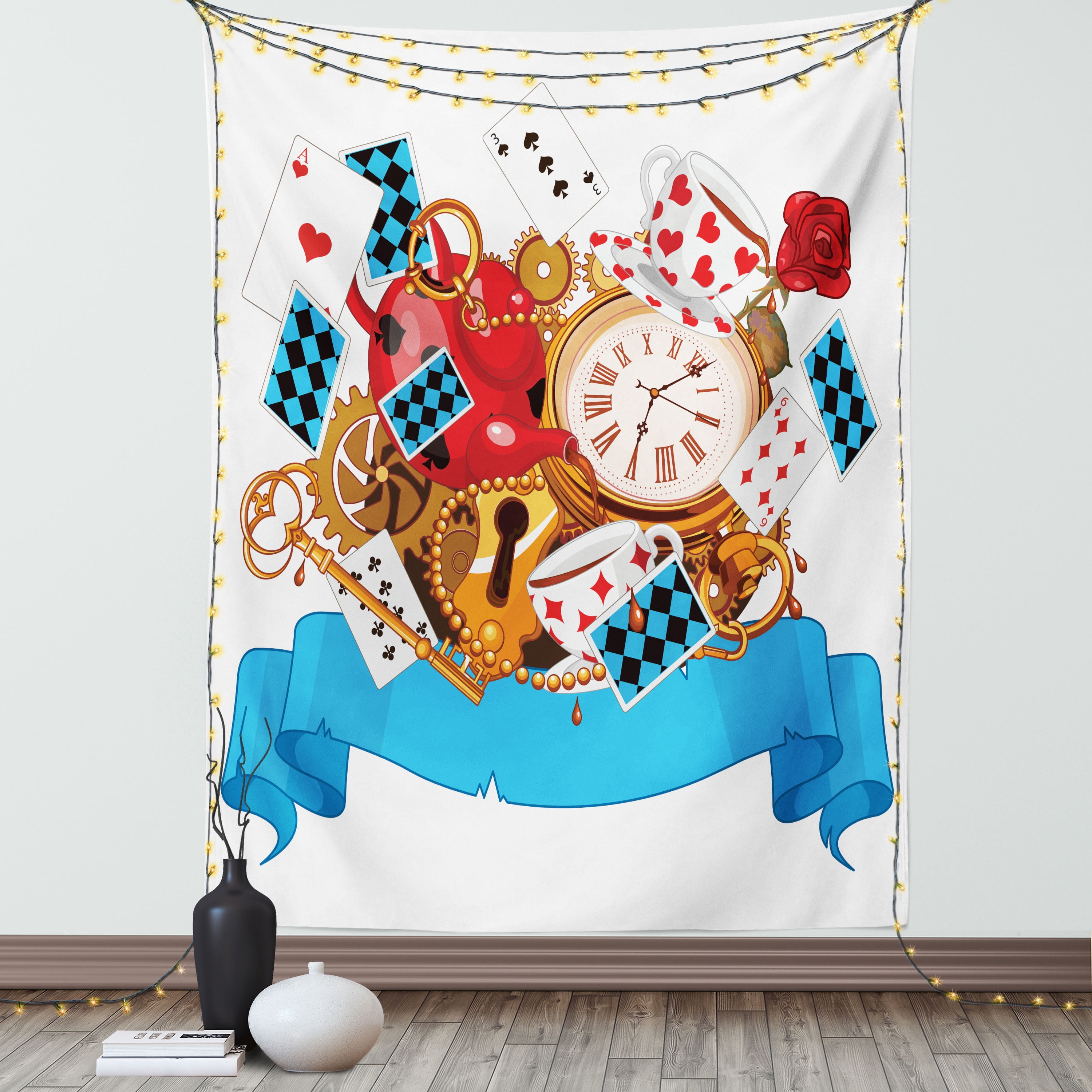 Alice in Wonderland Tapestry, Mad Design of Cards Clocks Tea Pots Keys ...