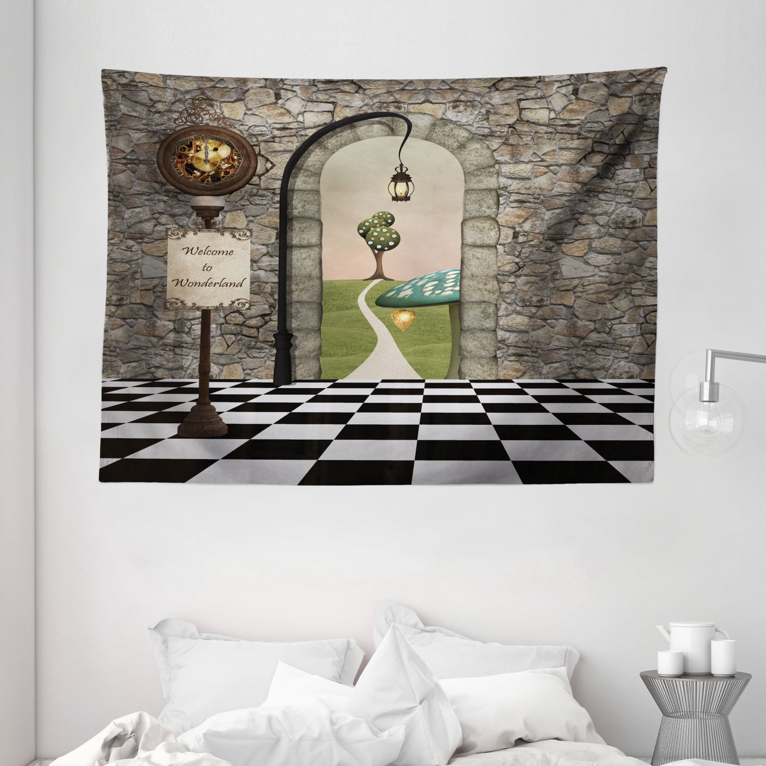 Alice in Wonderland Tapestry, Welcome Wonderland Black and White Floor ...