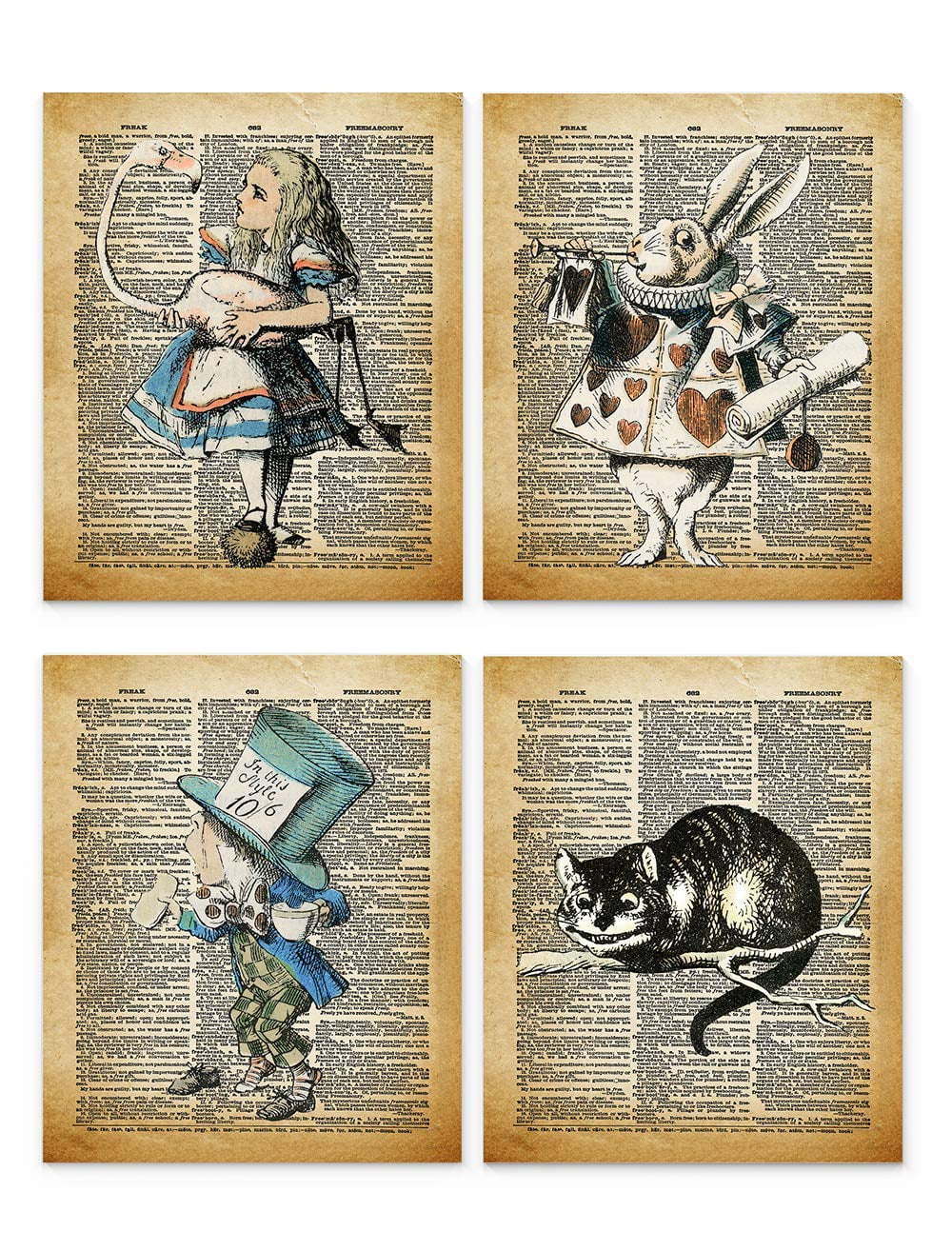 Alice in Wonderland Wall Art, 8x10 Set of 4 Un-Framed Decor Prints. On Upcycled Vintage Style ...