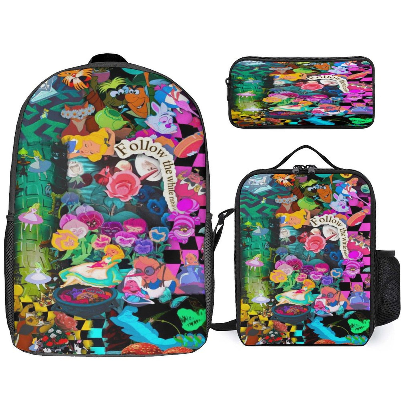 Alice in Wonden-Lan Backpacks 3 Piece Set Adults Bookbag with Lunch Box ...