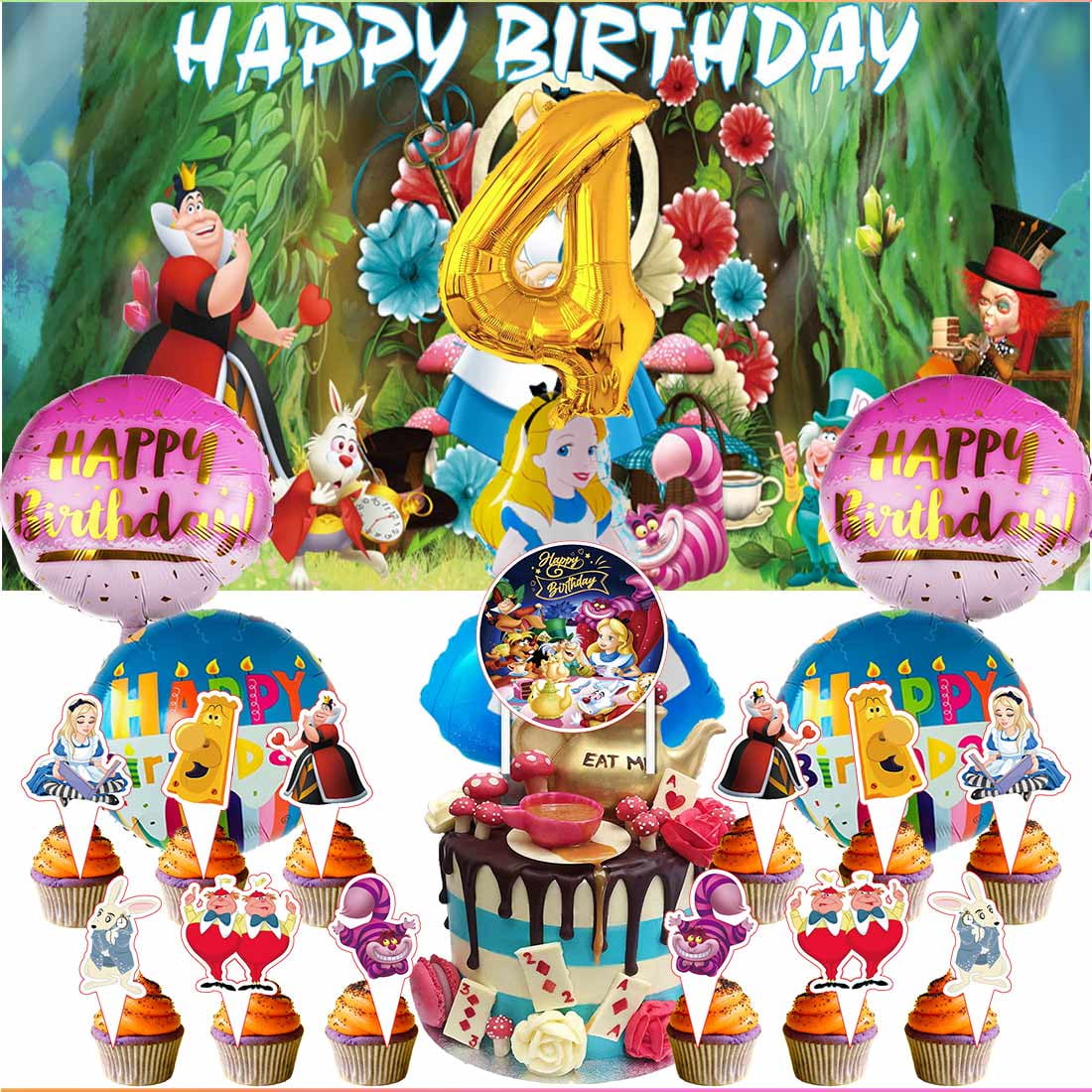 Alice in Wonderland Party Supplies Decor 4th Kit Balloons Birthday Cake ...