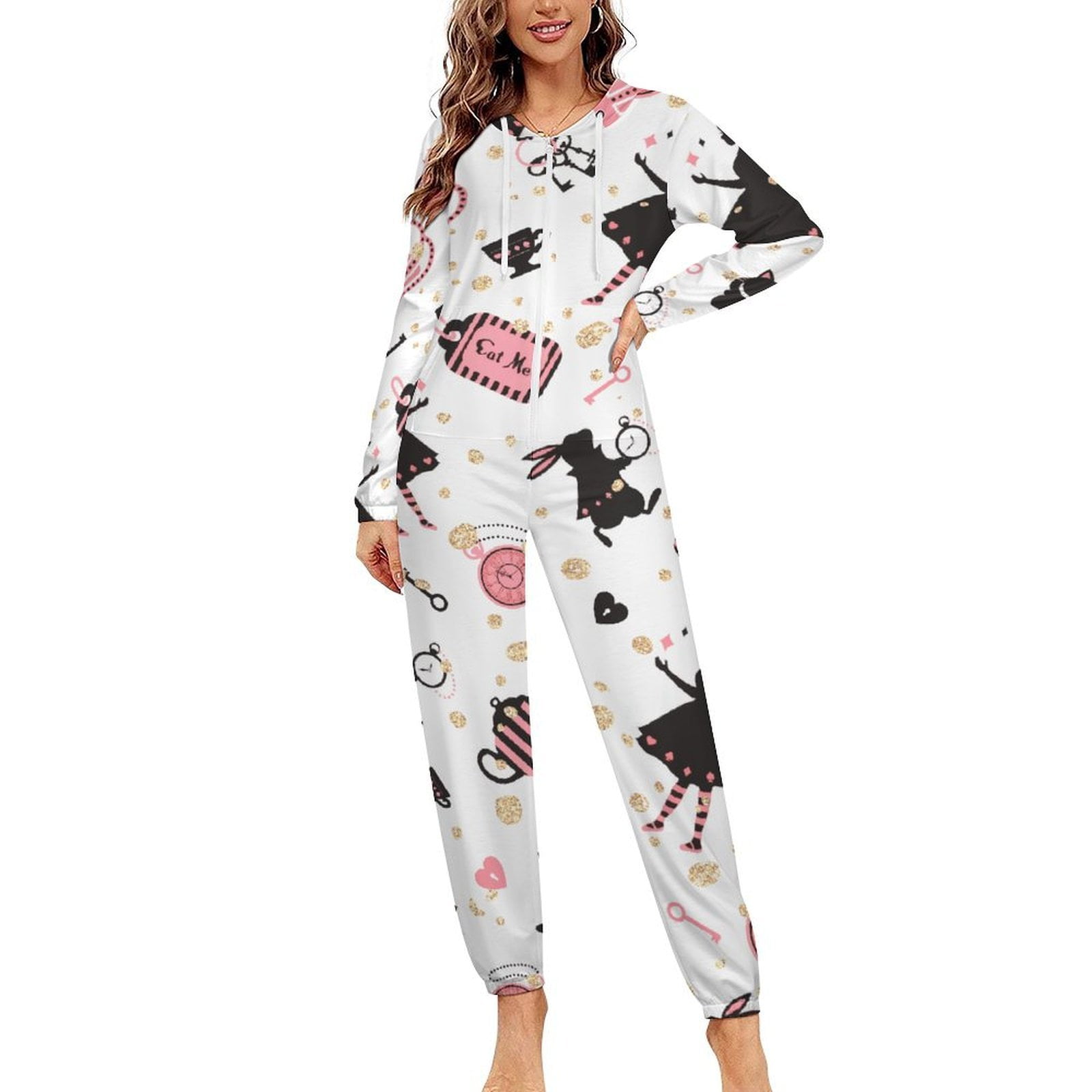 Alice in Wonderland Women Men Pajamas Zipper Onesie Jumpsuit Hooded One ...