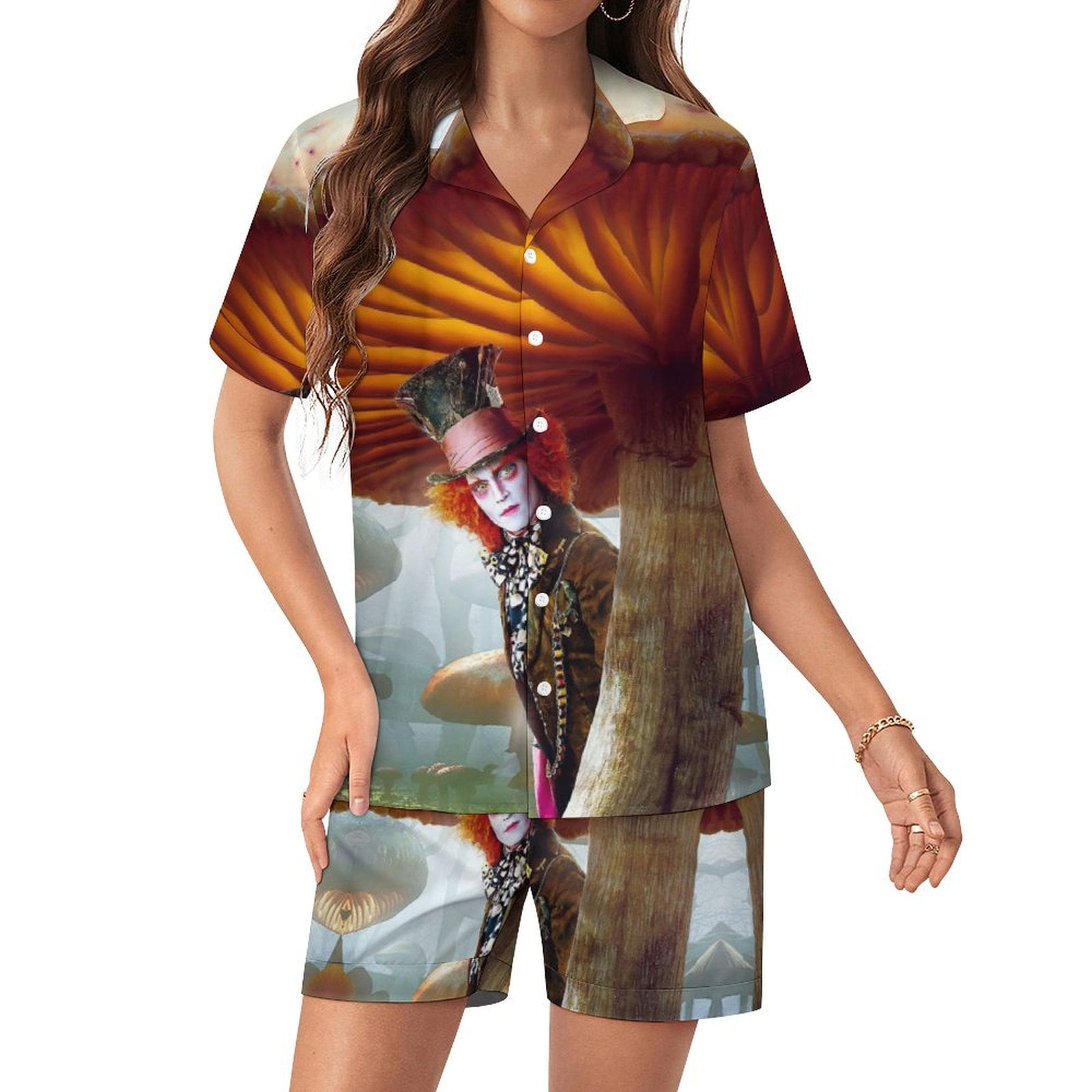 Alice in Wonderland Women Pajamas Set Short Sleeve Sleepwear Button ...
