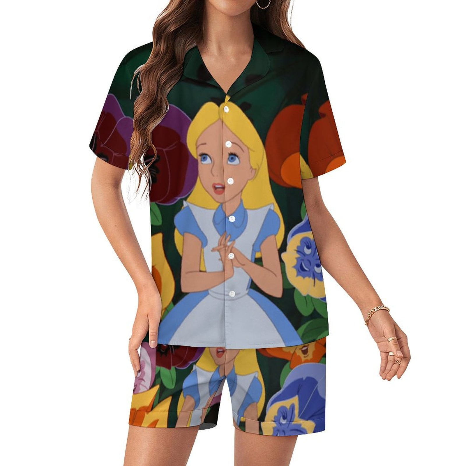 Alice in Wonderland Women Pajamas Set Short Sleeve Sleepwear Button ...