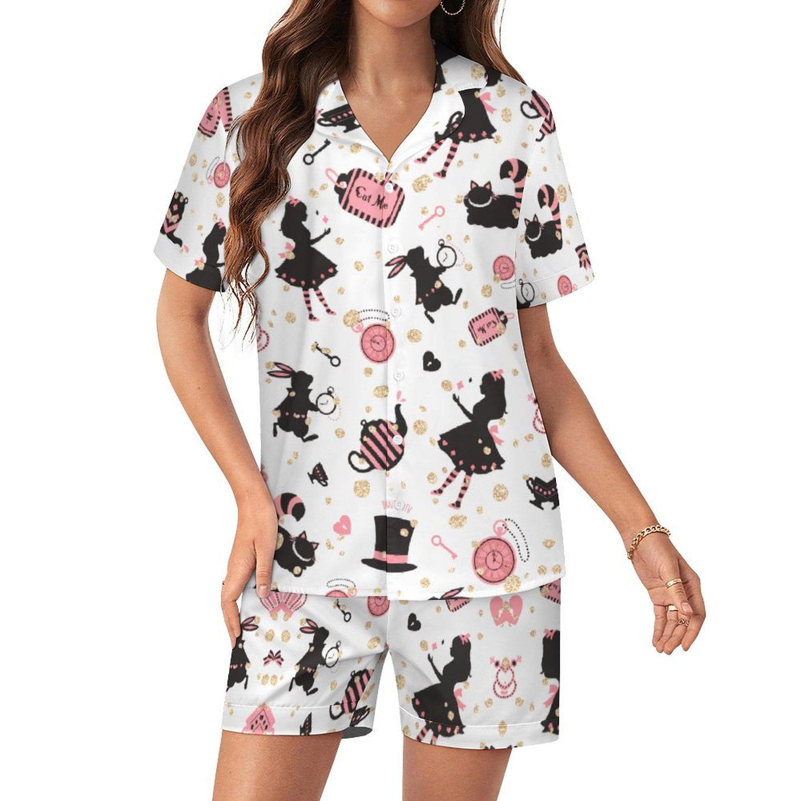 Alice in Wonderland Women Pajamas Set Short Sleeve Sleepwear Button ...
