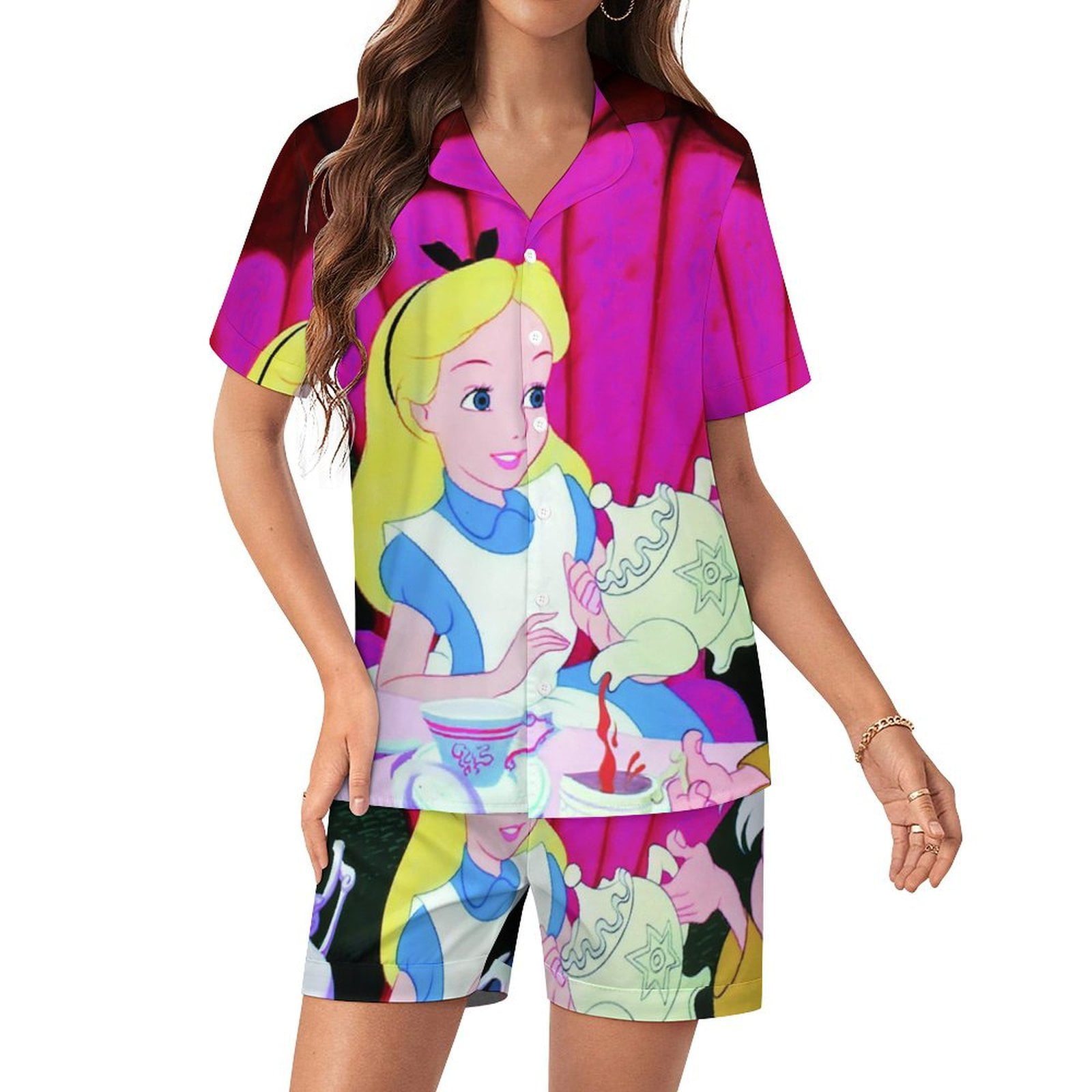 Alice in Wonderland Women Pajamas Set Short Sleeve Sleepwear Button ...