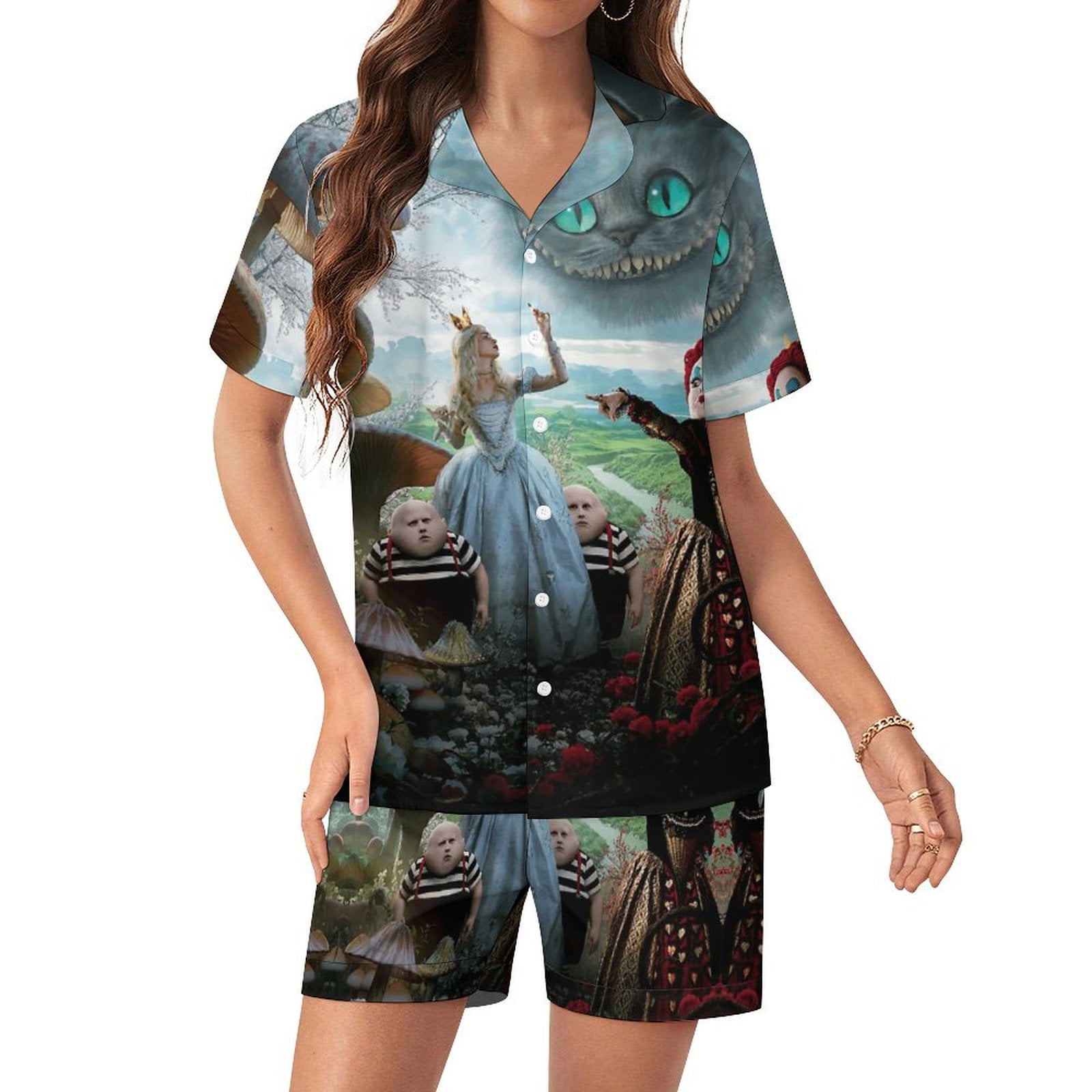 Alice in Wonderland Women Pajamas Set Short Sleeve Sleepwear Button ...