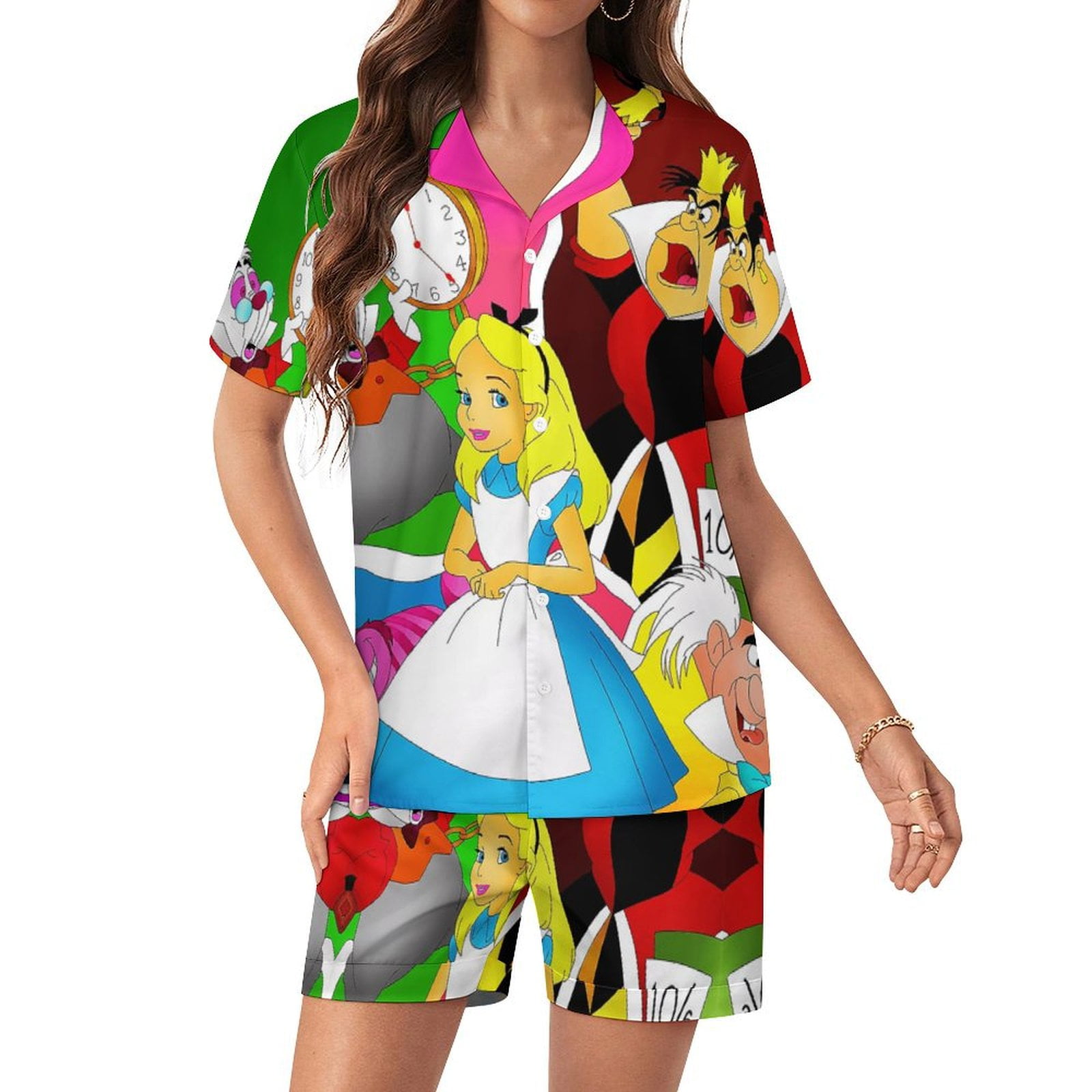 Alice in Wonderland Women Pajamas Set Short Sleeve Sleepwear Button ...