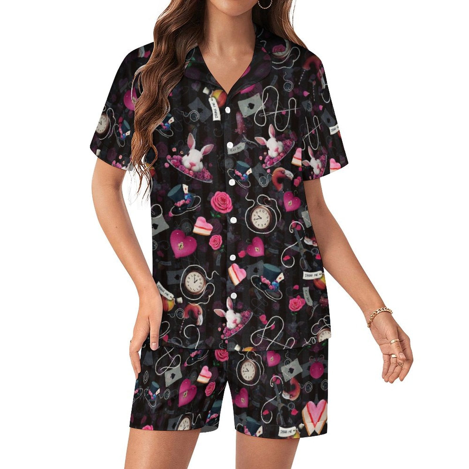 Alice in Wonderland Women Pajamas Set Short Sleeve Sleepwear Button ...