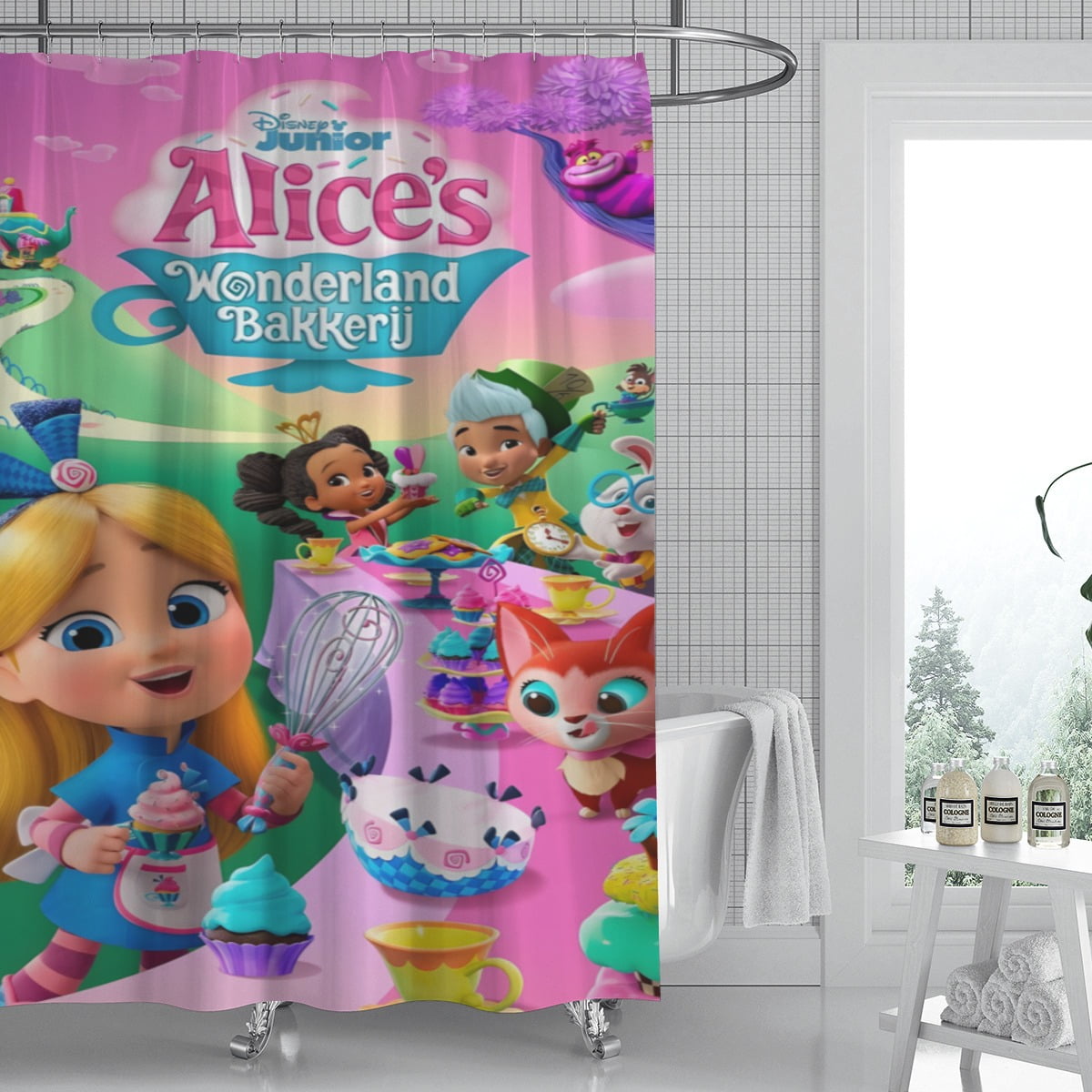Alice's Wonderland Bakery shower curtain features a classic print, is ...