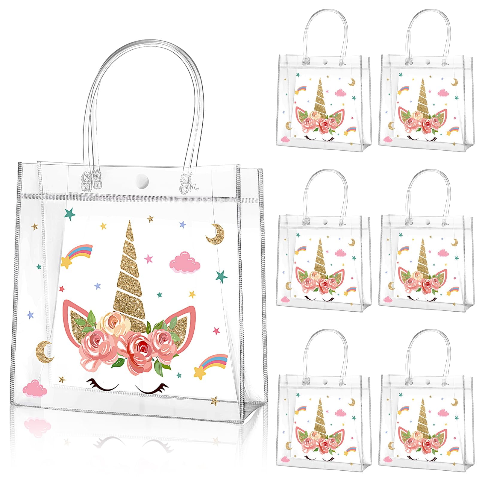 Aliceset 20 Pcs Unicorn AIF9 Clear Favor Bags with Handles Plastic Treat Pink Unicorn Rainbow ...