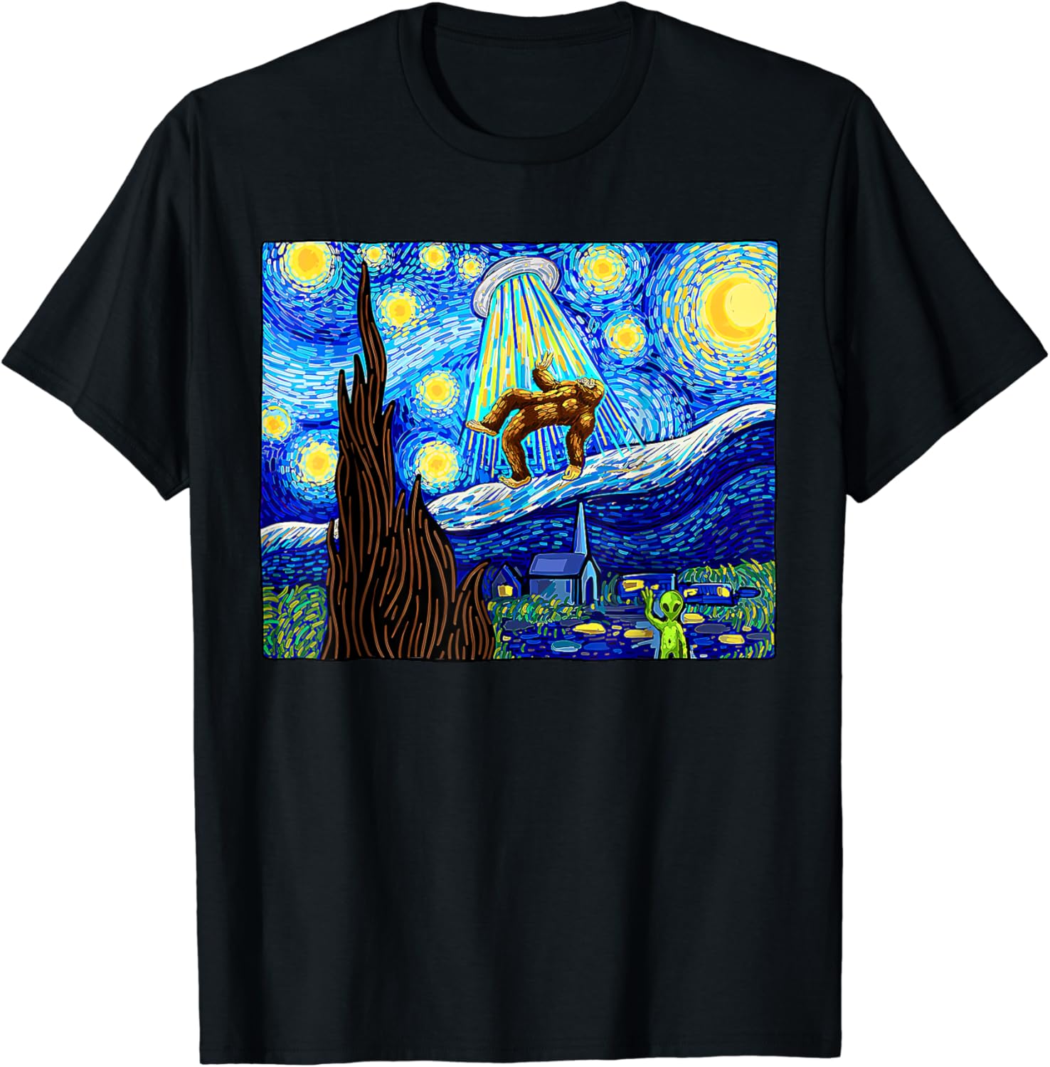 Alien Abduction Bigfoot UFO Starry Night Van Gogh Painting T-Shirt ...