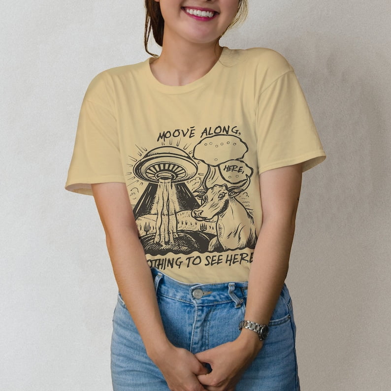 Alien Abduction Cow T-Shirt, Quirky UFO Farm Animal Graphic Tee, Sci-Fi ...