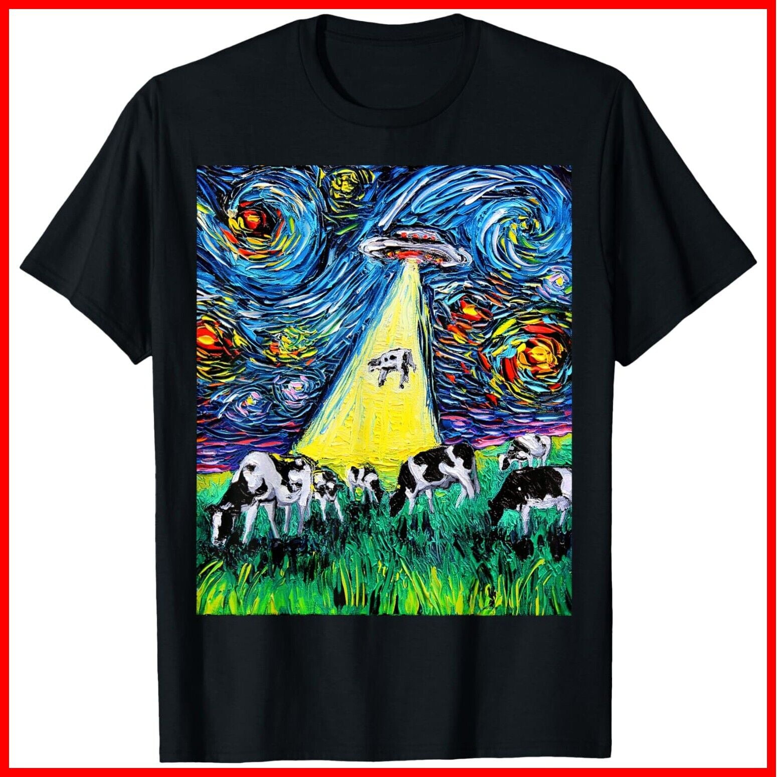 Alien Abduction Cows UFO Starry Night Funny Art by Aja Black Cotton T ...