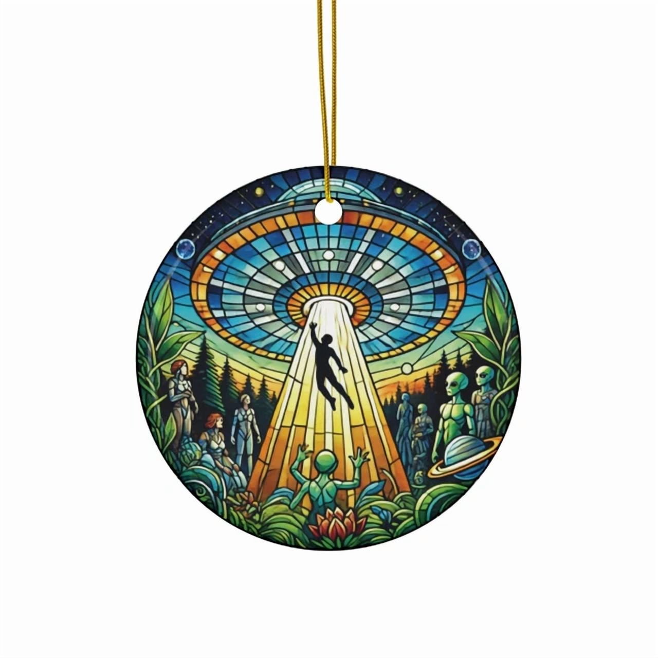 Alien Abduction Stained Glass Style Ufo Ornament Printed On Ceramic 2D ...