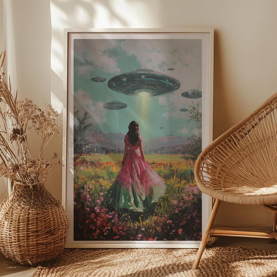 Alien Abduction Wall Art Vintage Girl and UFO Spaceship Painting ...