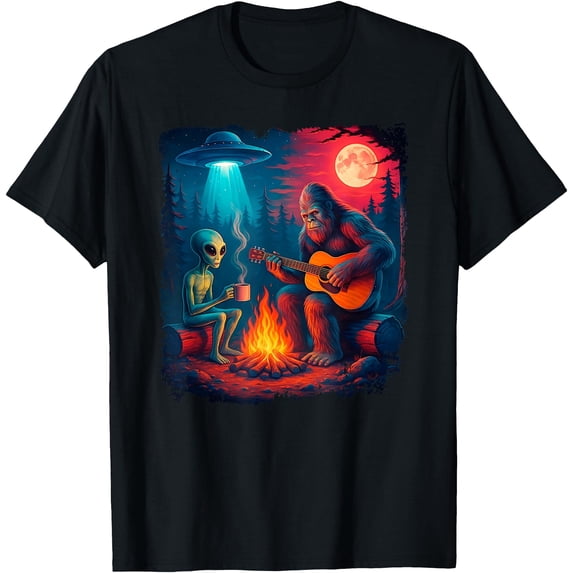 Alien And Bigfoot Campfire Moon Ufo Adventure Hiking Cryptid T-Shirt ...