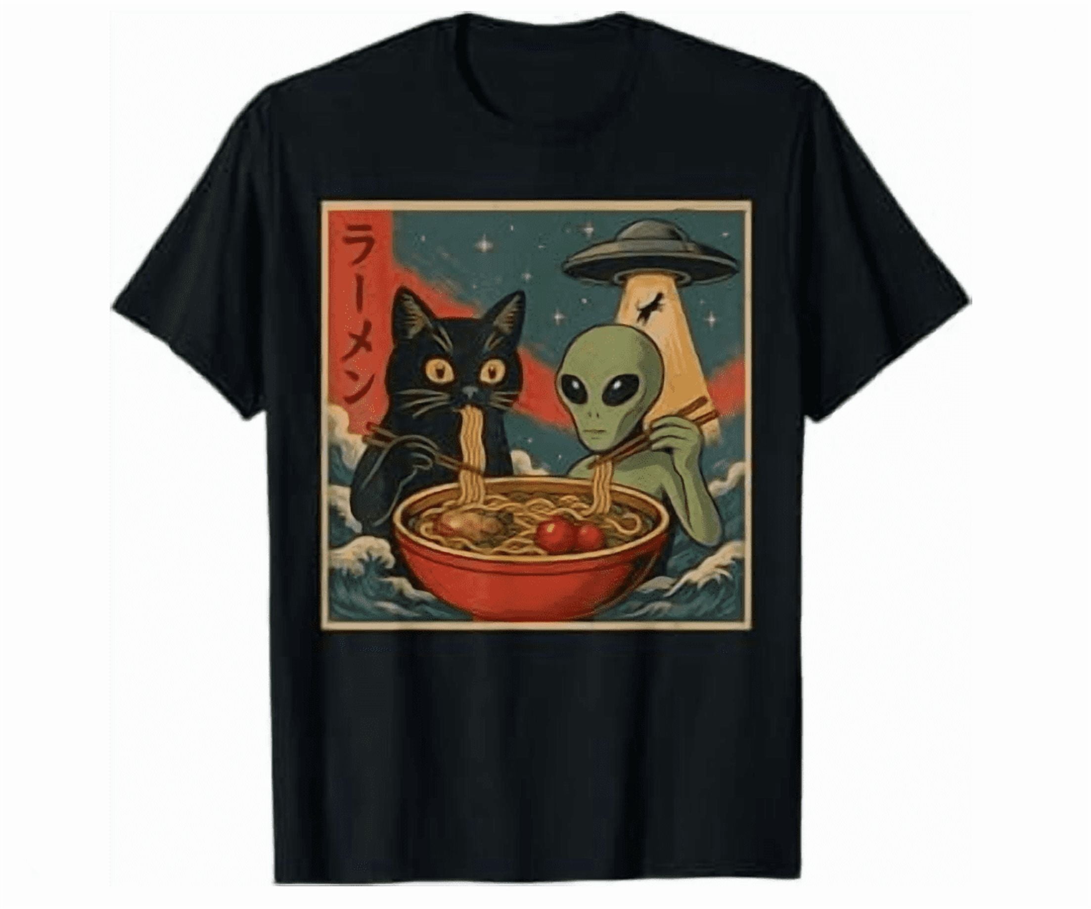 Alien And Cat Ramen Bowl Funny Ufo Japanese Noodle Design Shirt Hot ...