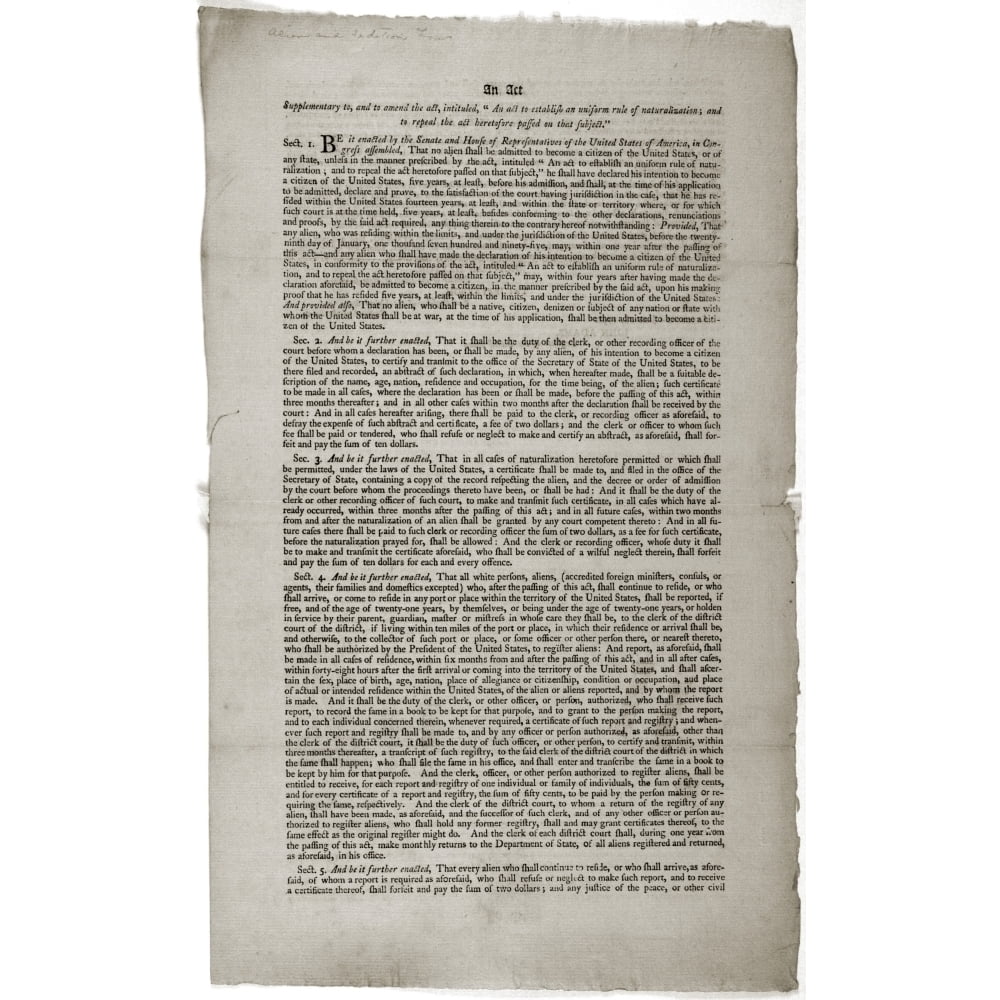Alien And Sedition Acts Of 1798. Printed Document. History (18 x 24 ...