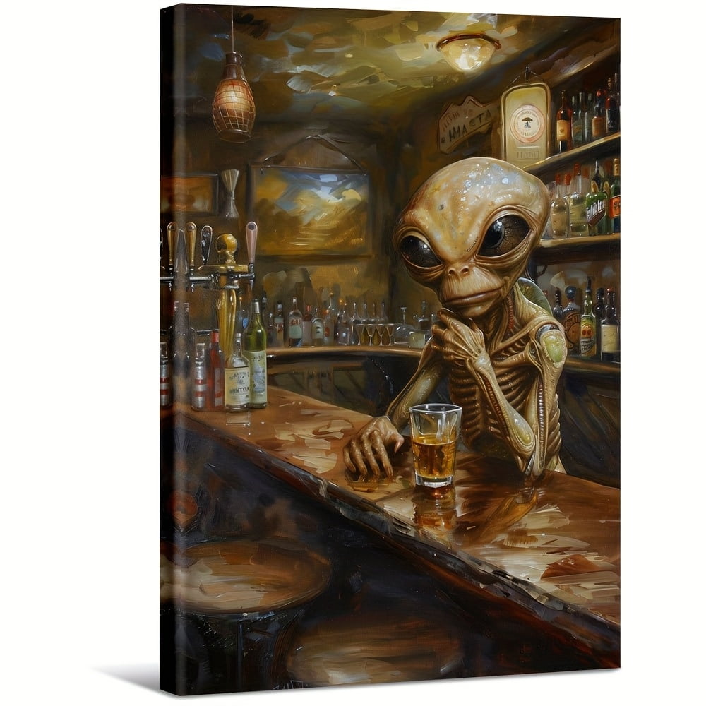 Alien At Bar In A Painted Realistic Style. Large Wooden Framed Wall Art ...