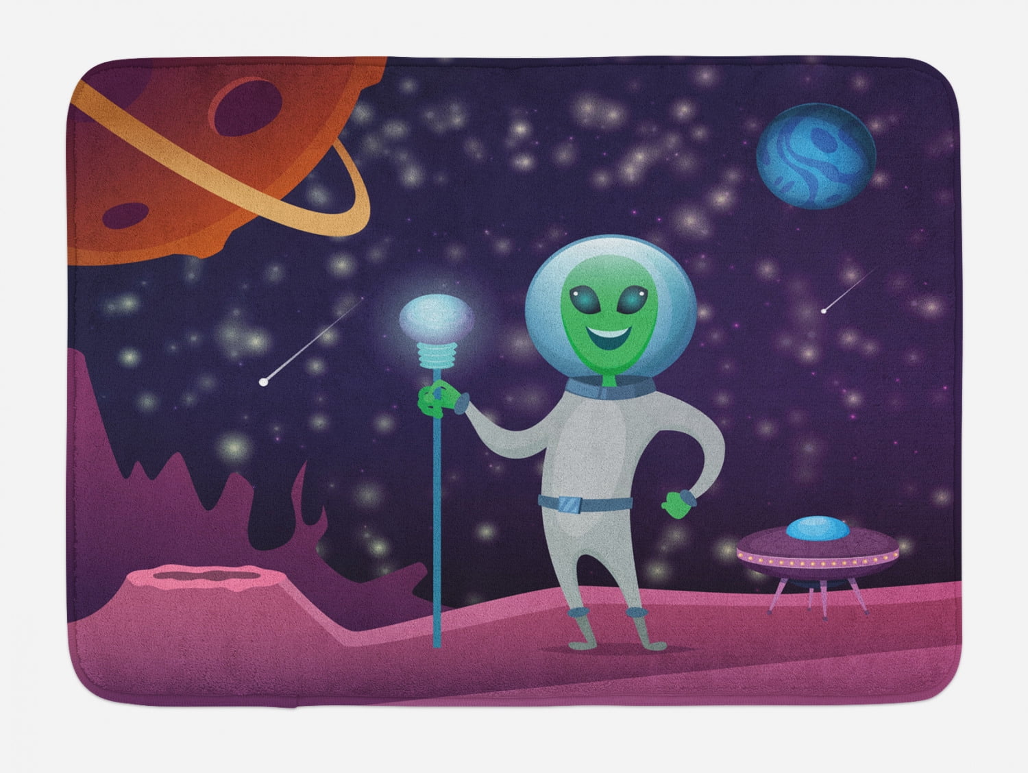 Alien Bath Mat, Cosmic Space Background with Funny Character Outer ...