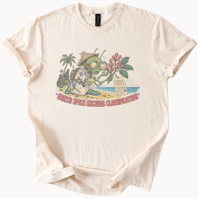 Alien Botanist Beach Graphic Tee Vintage Cartoon Style Natural Size S ...
