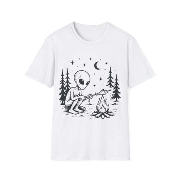 Alien Camping T-Shirt, Cute Space Alien Roasting Fish Graphic Tee ...