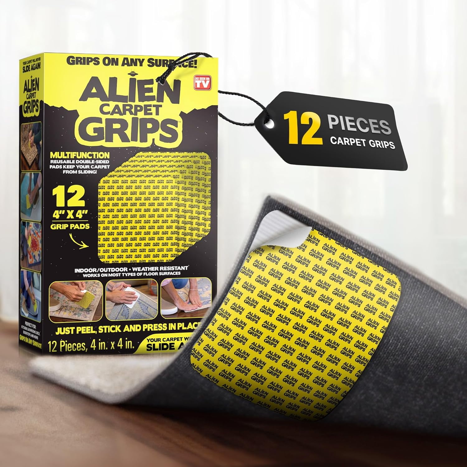 Alien Grip Rug Gripper Carpet Tape - 12pcs, 4x4 in. Anti-Slip Hardwood ...