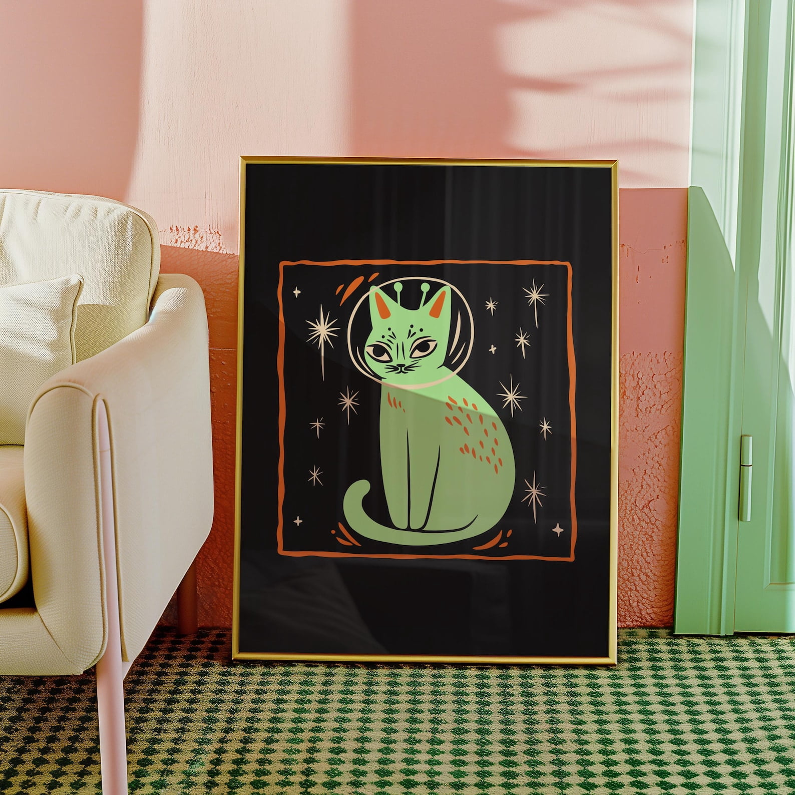 Alien Cat Abstract Green Kitty Art Print Animal Wall Art Poster Decor ...